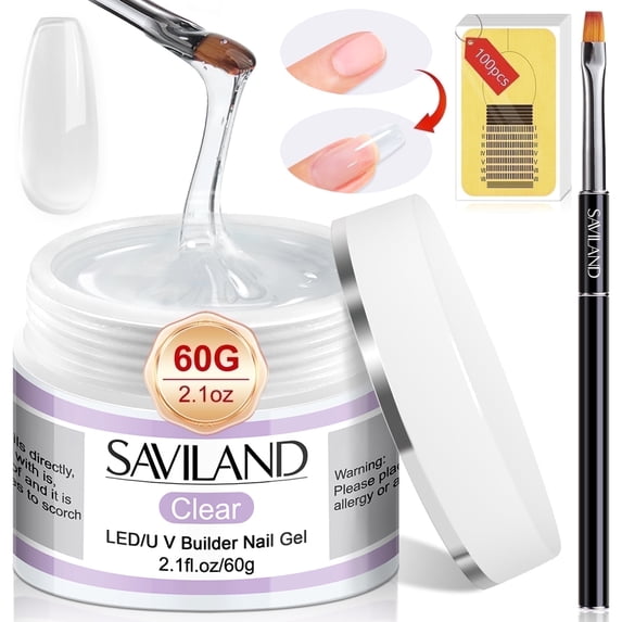 Saviland Clear Builder Nail Gel 60g with 100 Nail Forms for Nail ...