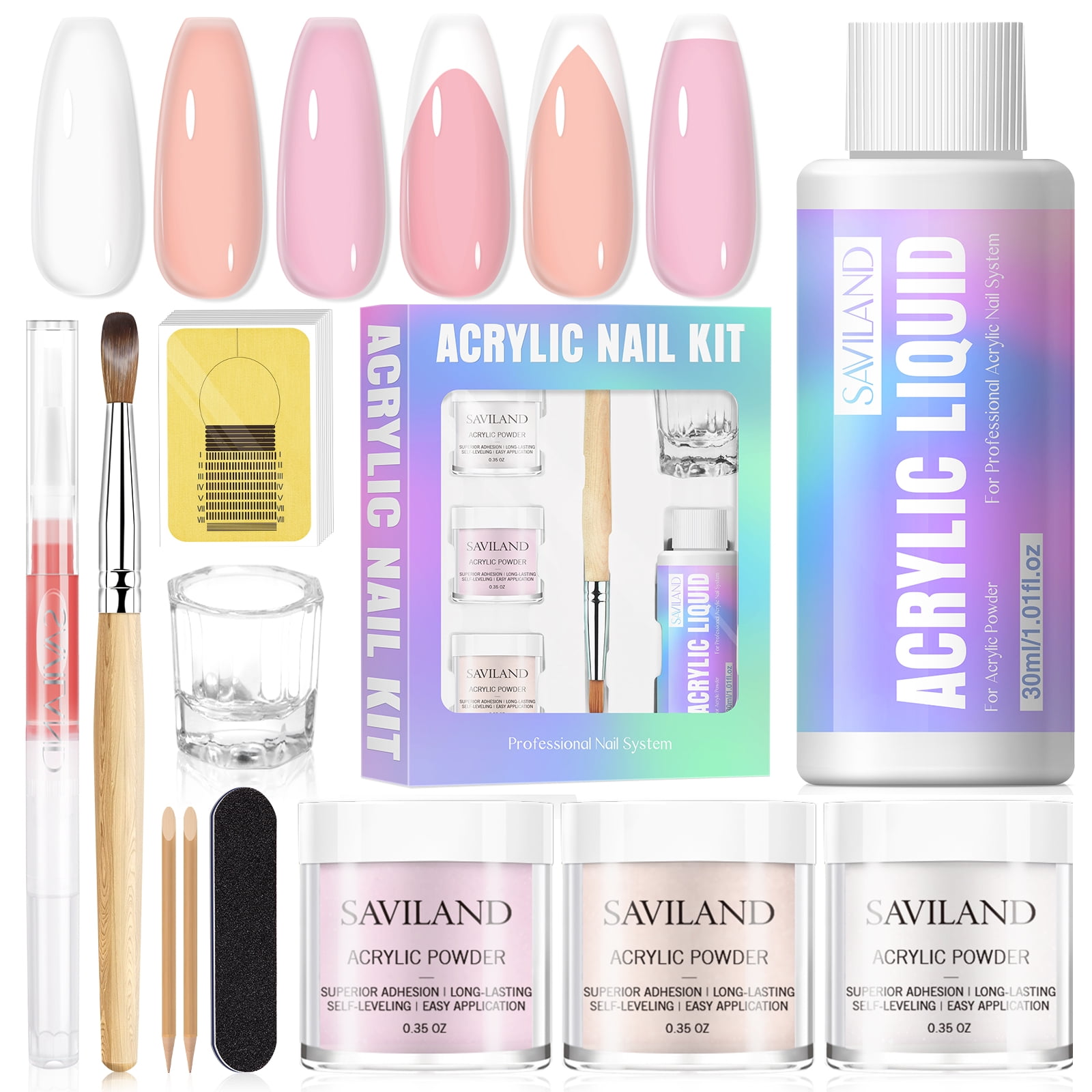 Saviland Acrylic Nail Kit - 3 Colors Clear/Pink/Nudes Acrylic Powder ...