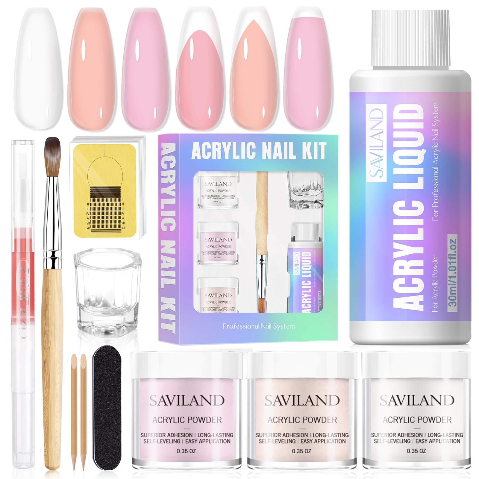 Saviland Acrylic Nail Kit - 3 Colors Clear/Pink/Nudes, Monomer Liquid ...