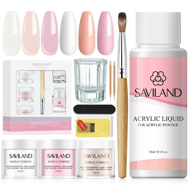 Saviland Complete Acrylic Nail Kit - Clear/Pink/Nude Powder, Liquid Set ...