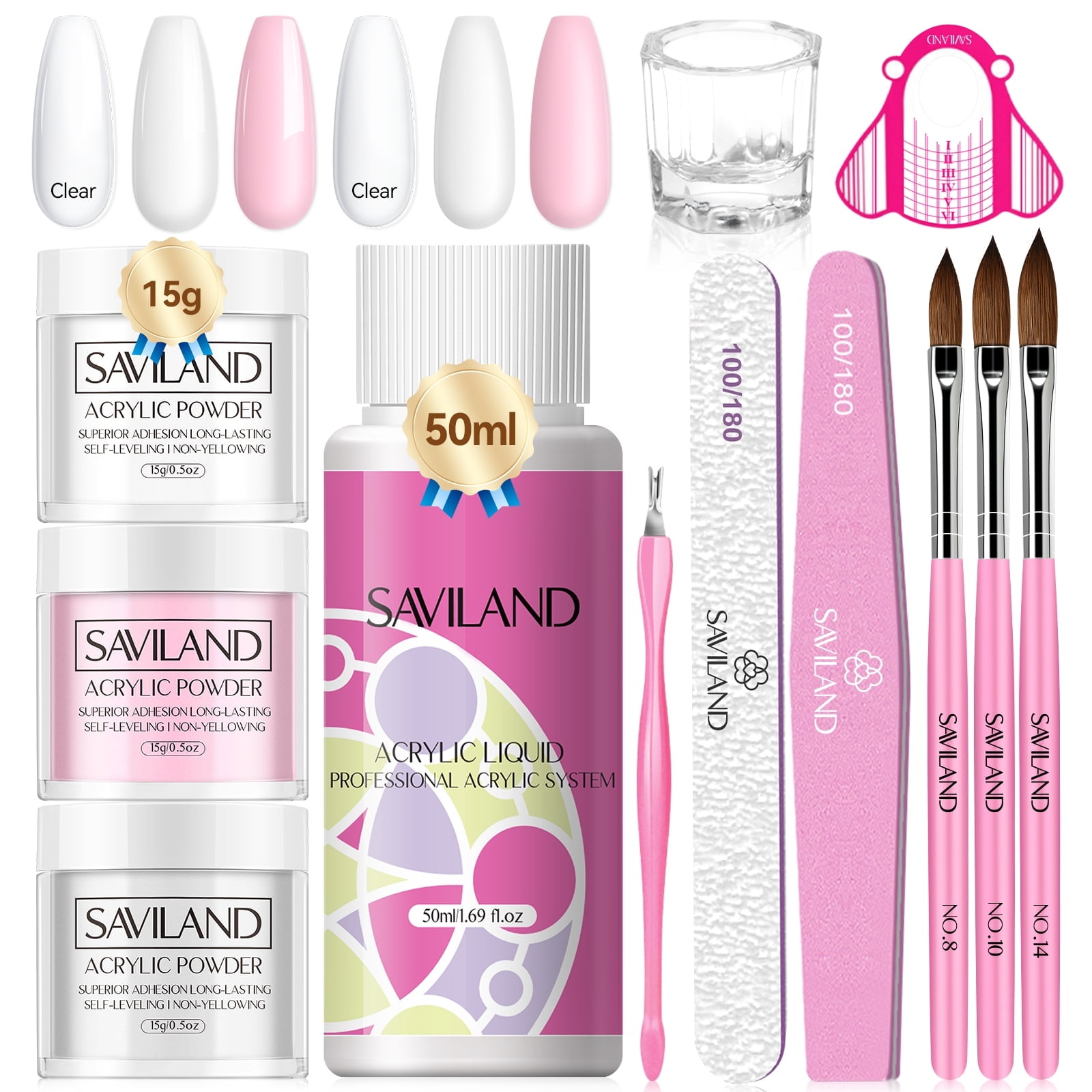 Saviland Acrylic Nail Kit – 3 Colors White/Pink/Clear Acrylic Powder ...