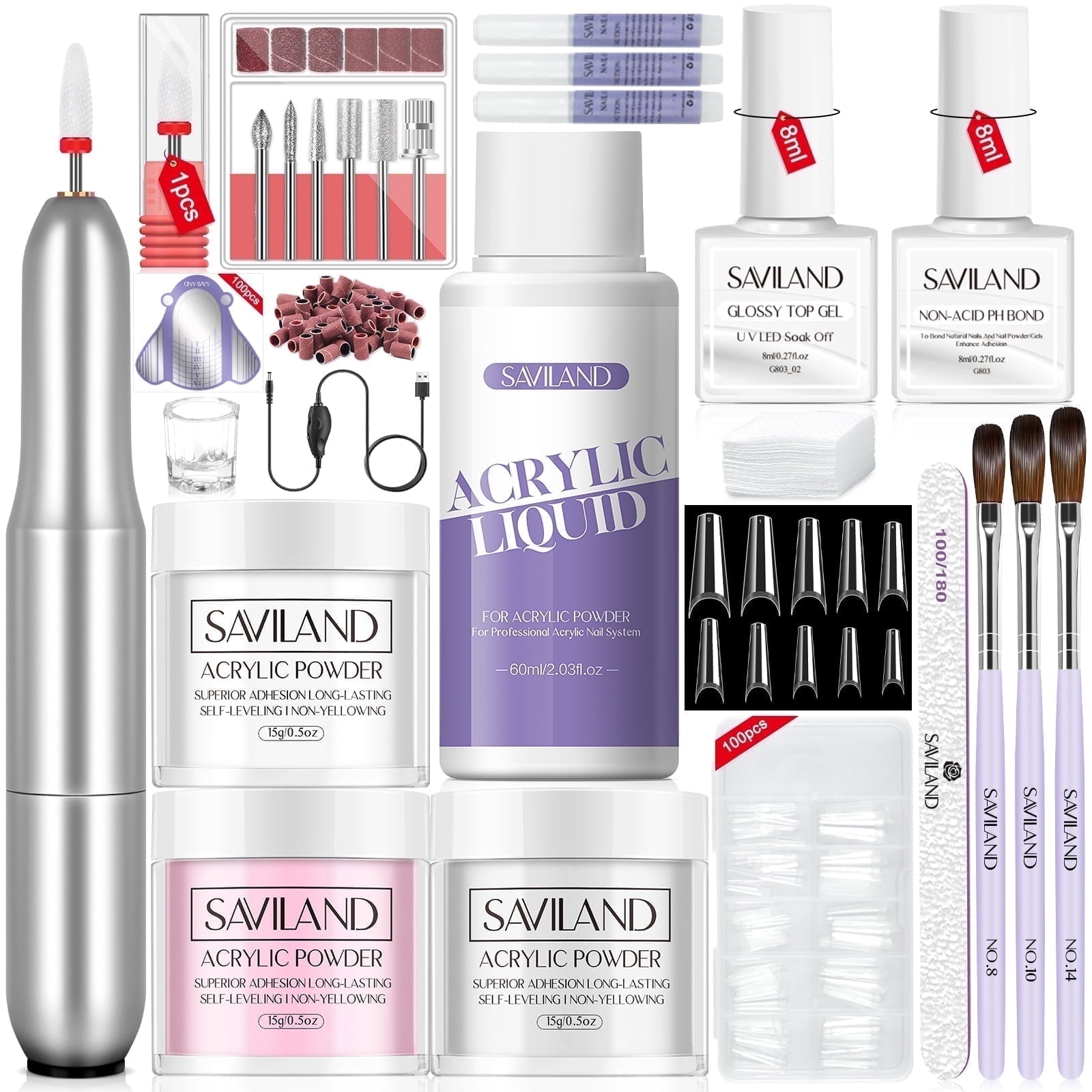 Saviland Acrylic Nail Kit with Drill, Acrylic Powder and Liquid Set ...