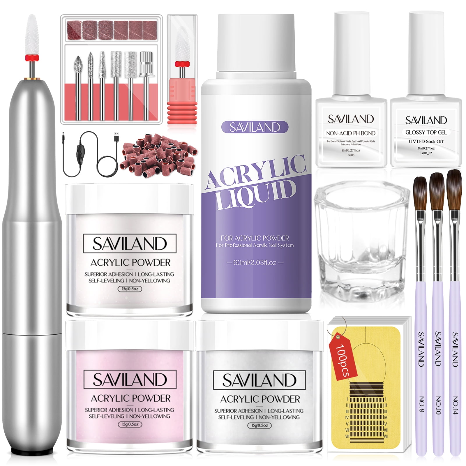Saviland Acrylic Nail Kit Complete Set with Drill - White/Pink/Clear ...