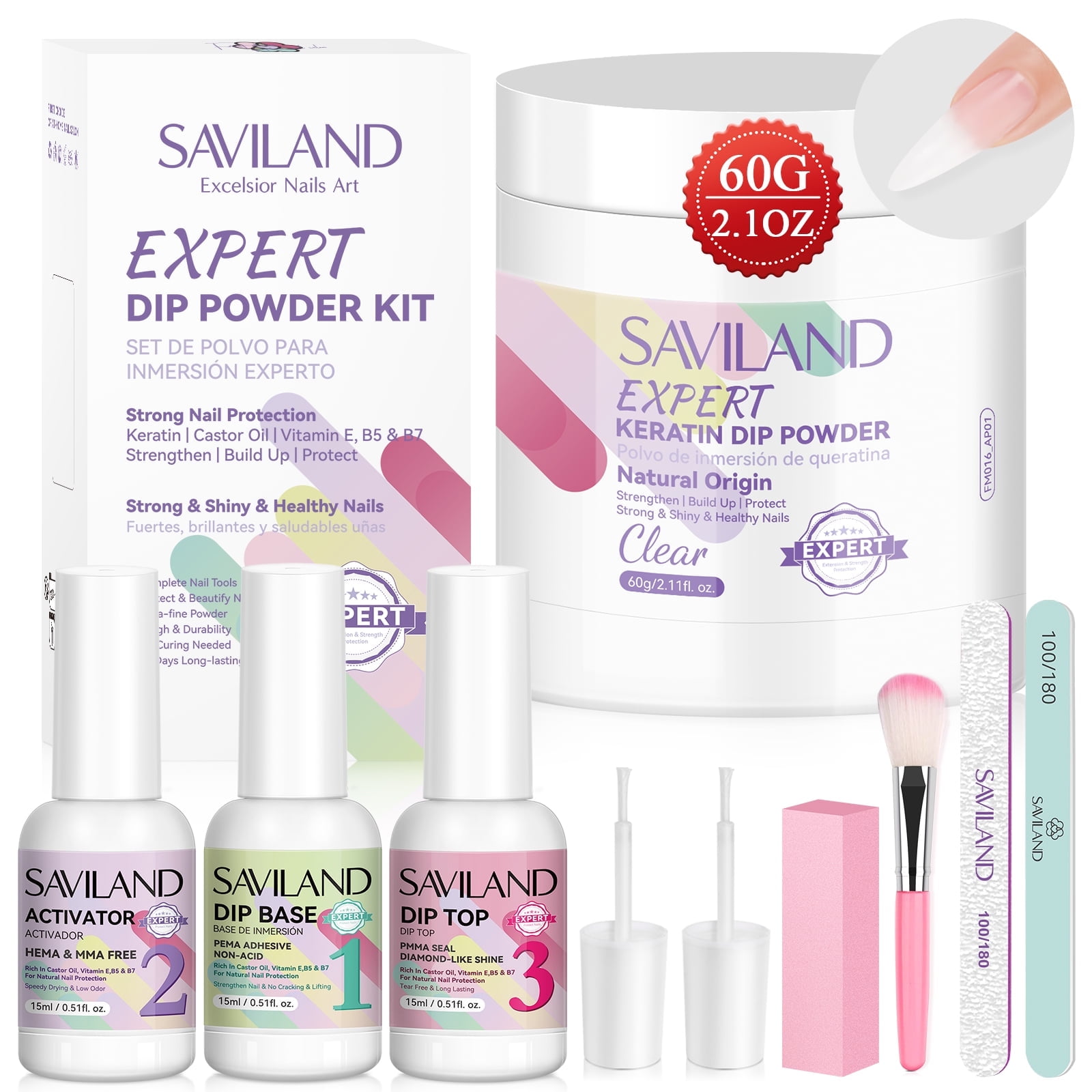 Saviland Dip Powder Nail Kit, Clear Dip Powder 60g, Dip Base, Top ...