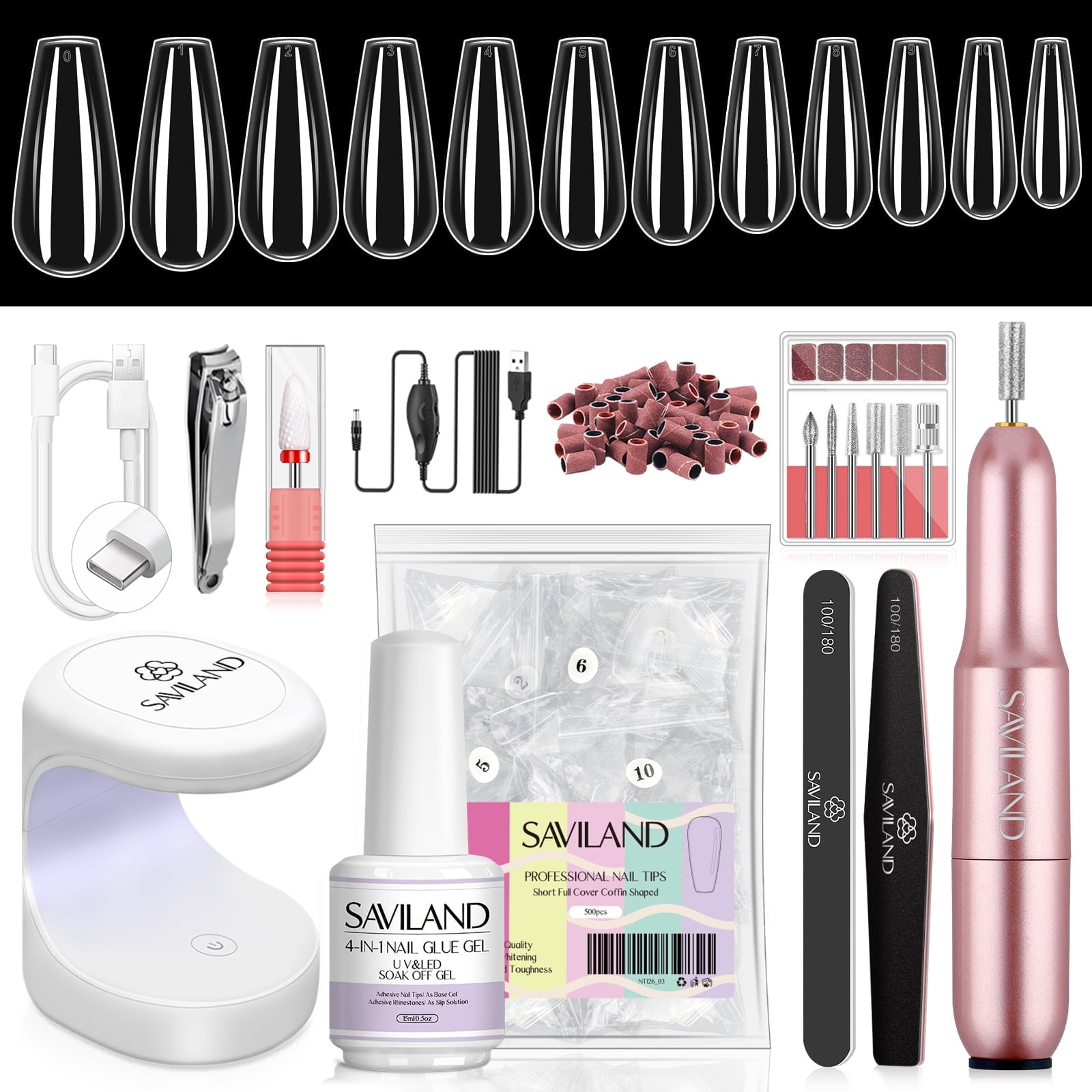 Saviland Gel X Nail Kit with Drill – Nails Tips and Glue Gel Kit with 4 ...