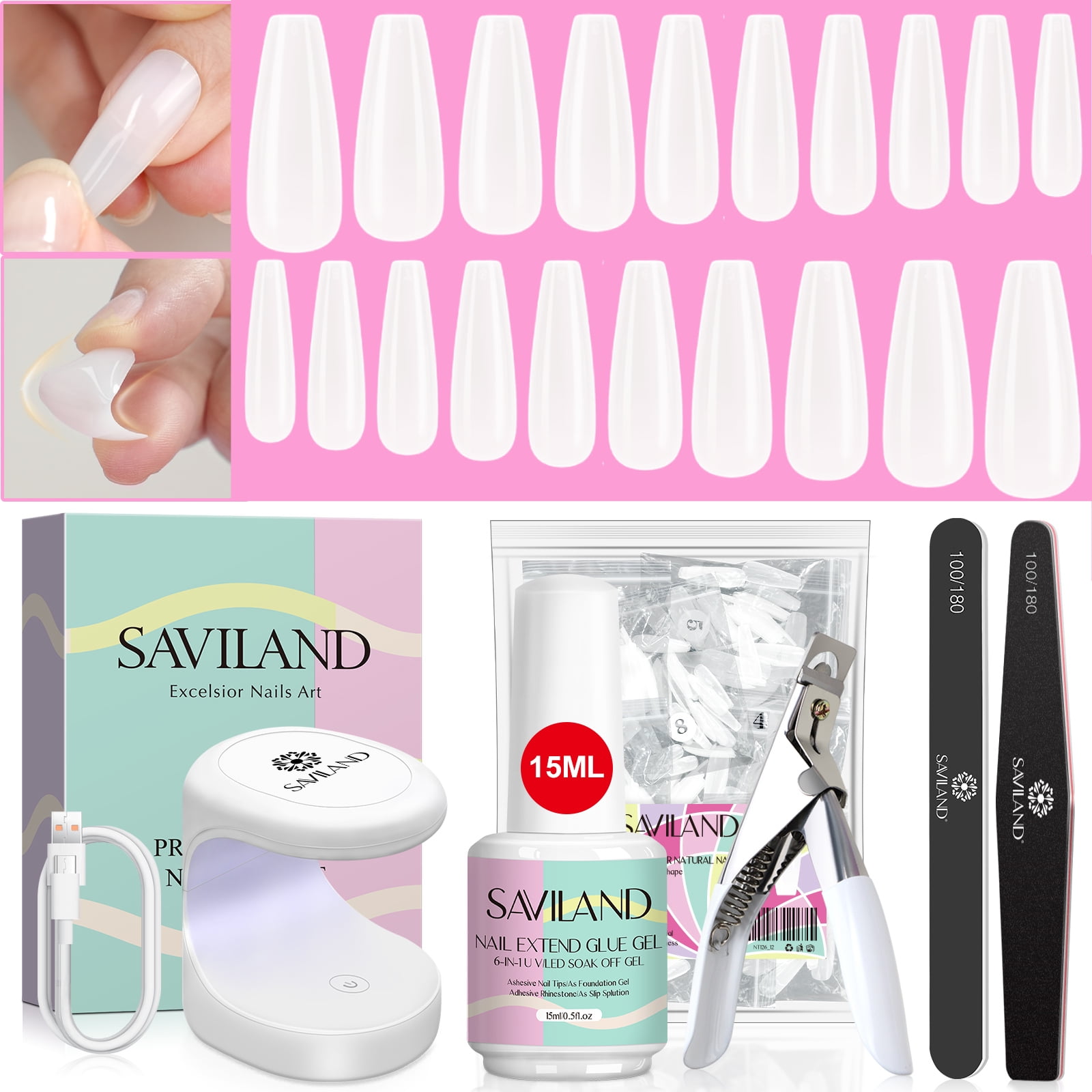 Saviland Nail Tip and Glue Gel Kit - Gel Nail Kit with 500pcs Long ...