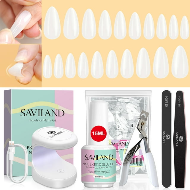 Saviland Nail Tip and Glue Gel Kit - Gel Nail Kit with 500pcs Medium ...