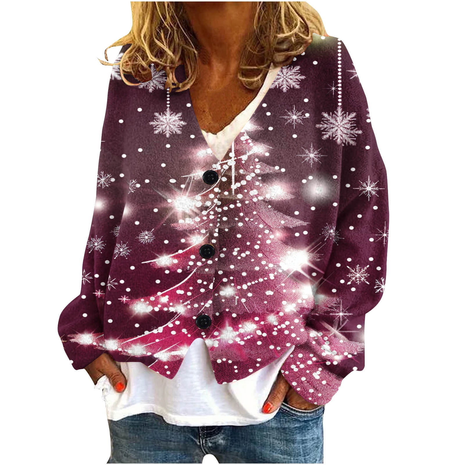 Saving&Deals Womens Fleece Jacket Christmas Printed Casual Cardigan ...