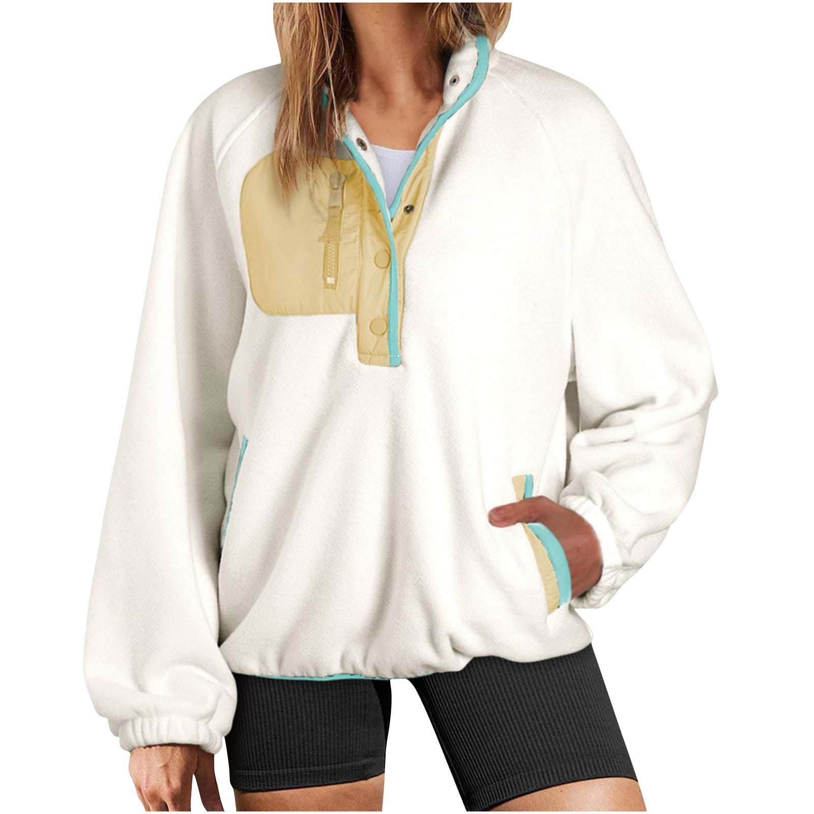 Saving&Deals Womens Fleece Jacket New Color Contrast Long-sleeved ...