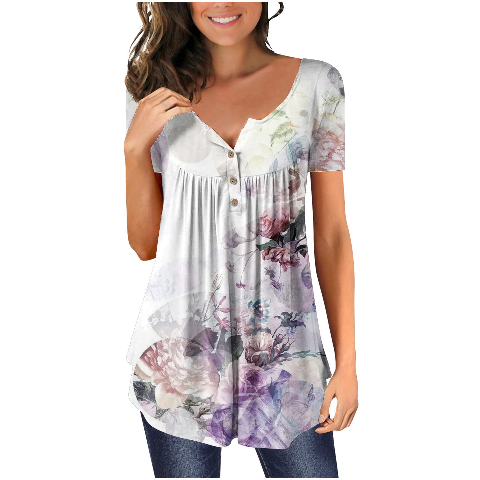 Fatuov 2XL Plus Size Tunic Tops, V-Neck Button Up, Floral Print, Short ...