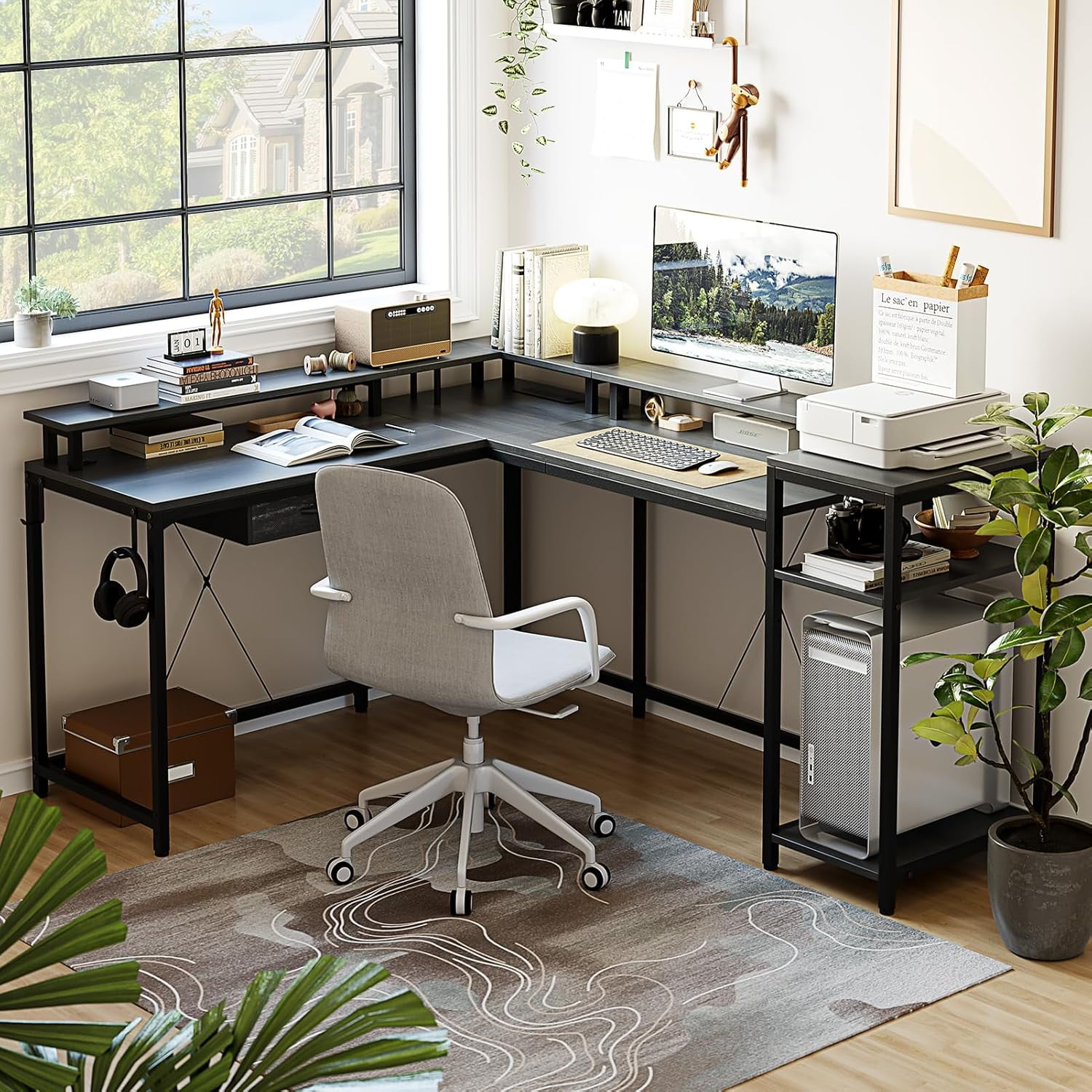 Savings Event Gray 55-Inch L-Shaped Desk with Drawer & LED Lights ...