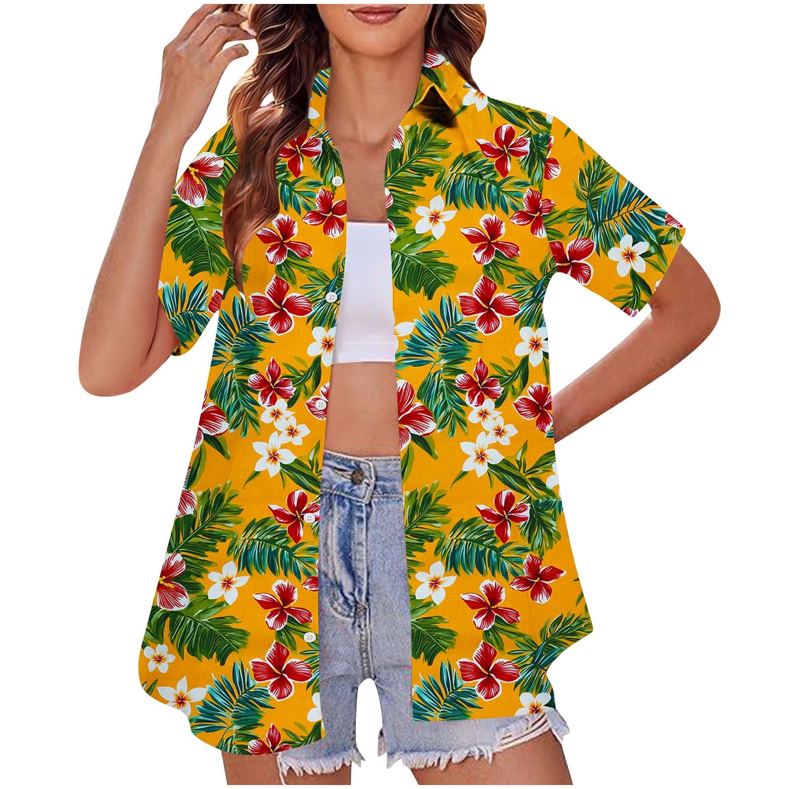 Hawaiian Shirts for Women Basic Collared Tee Shirt Coconut Palm Hawaii ...