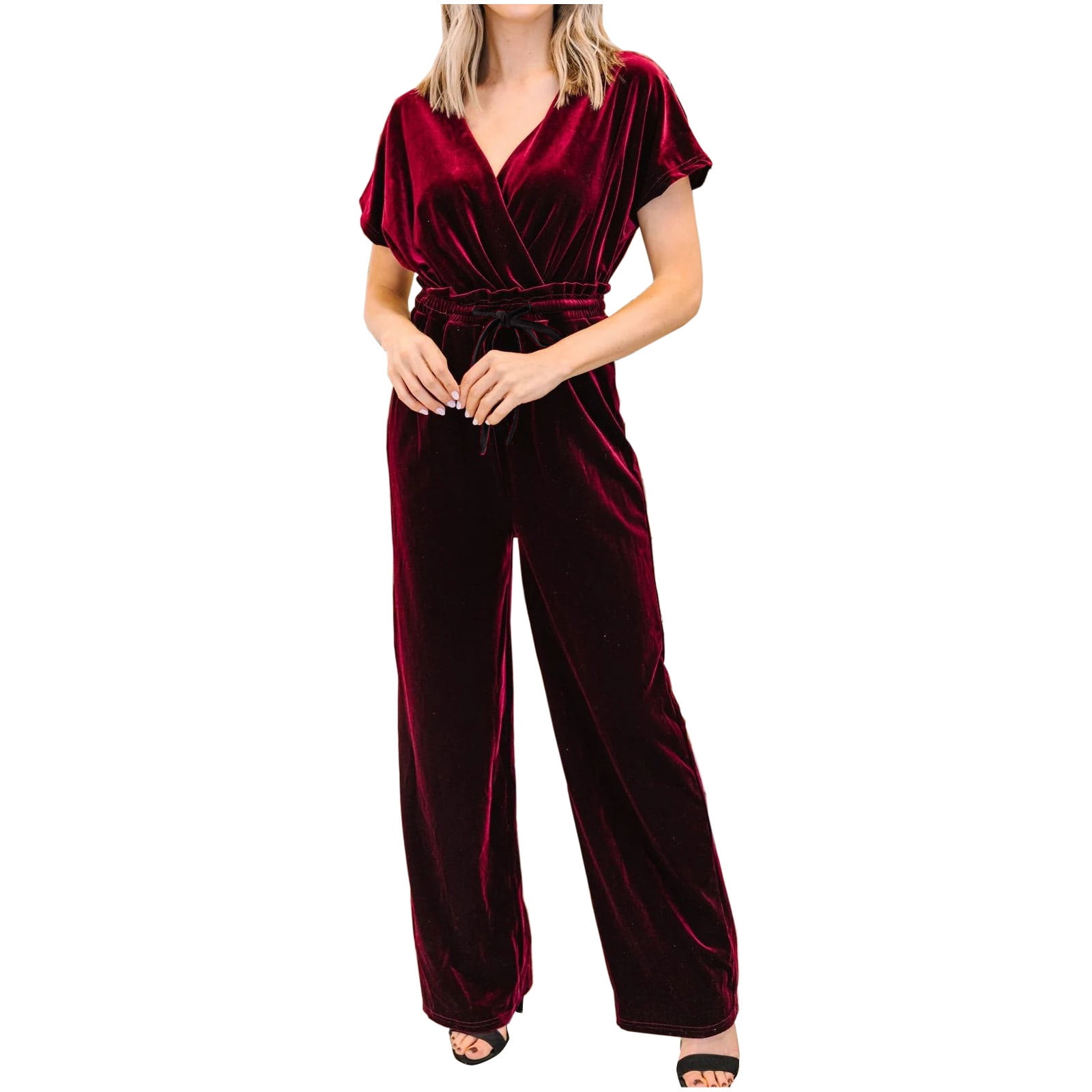 Ladies Velvet Jumpsuits Short Sleeve Drawstring High Waisted Straight ...