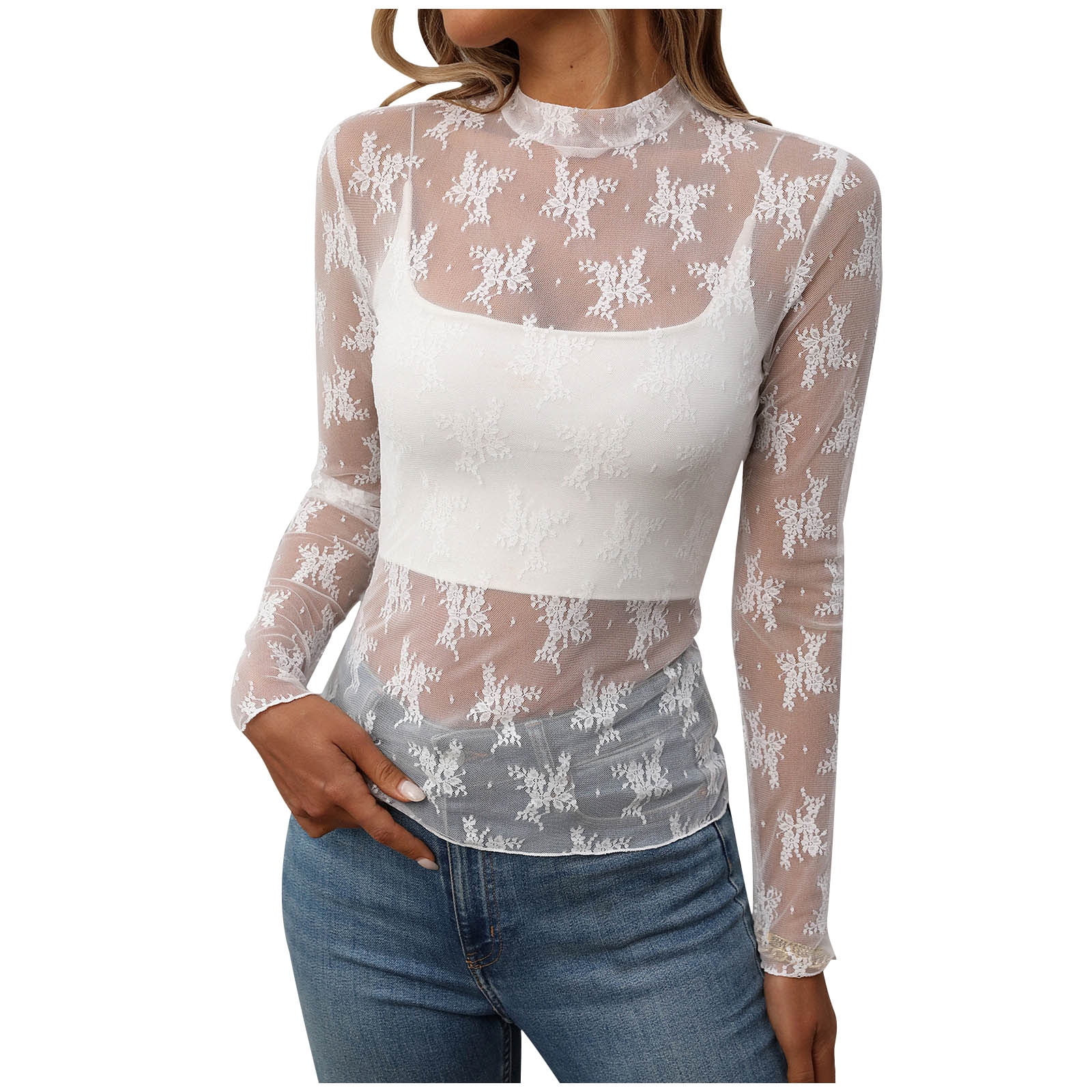 Fashion Olyvenn Womens Mesh Long Sleeve Tops Mock Neck Sexy See Through ...