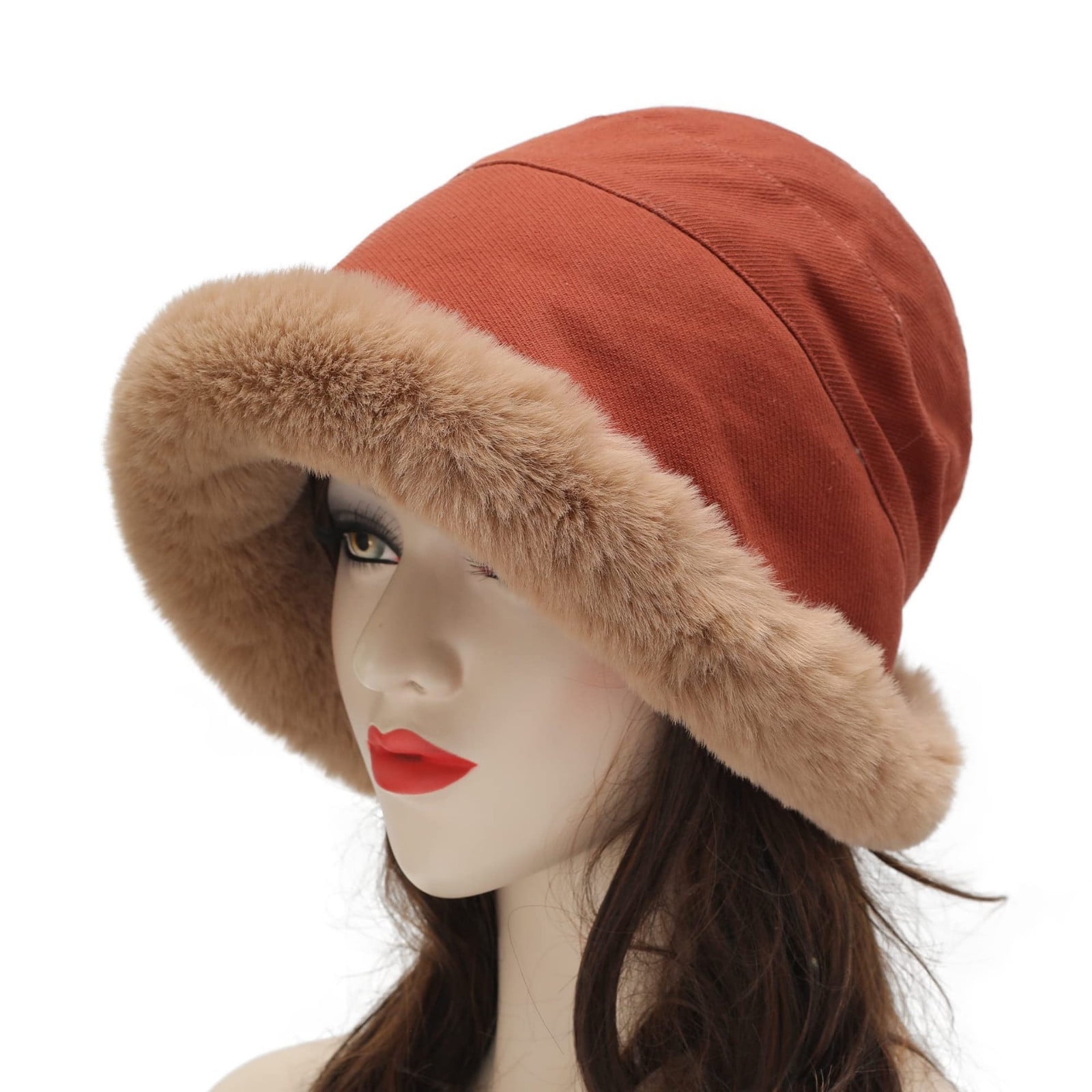 UTSJKR Women Winter Furry Bucket Hat Rolled Brim Faux Fur Cloche Hat ...