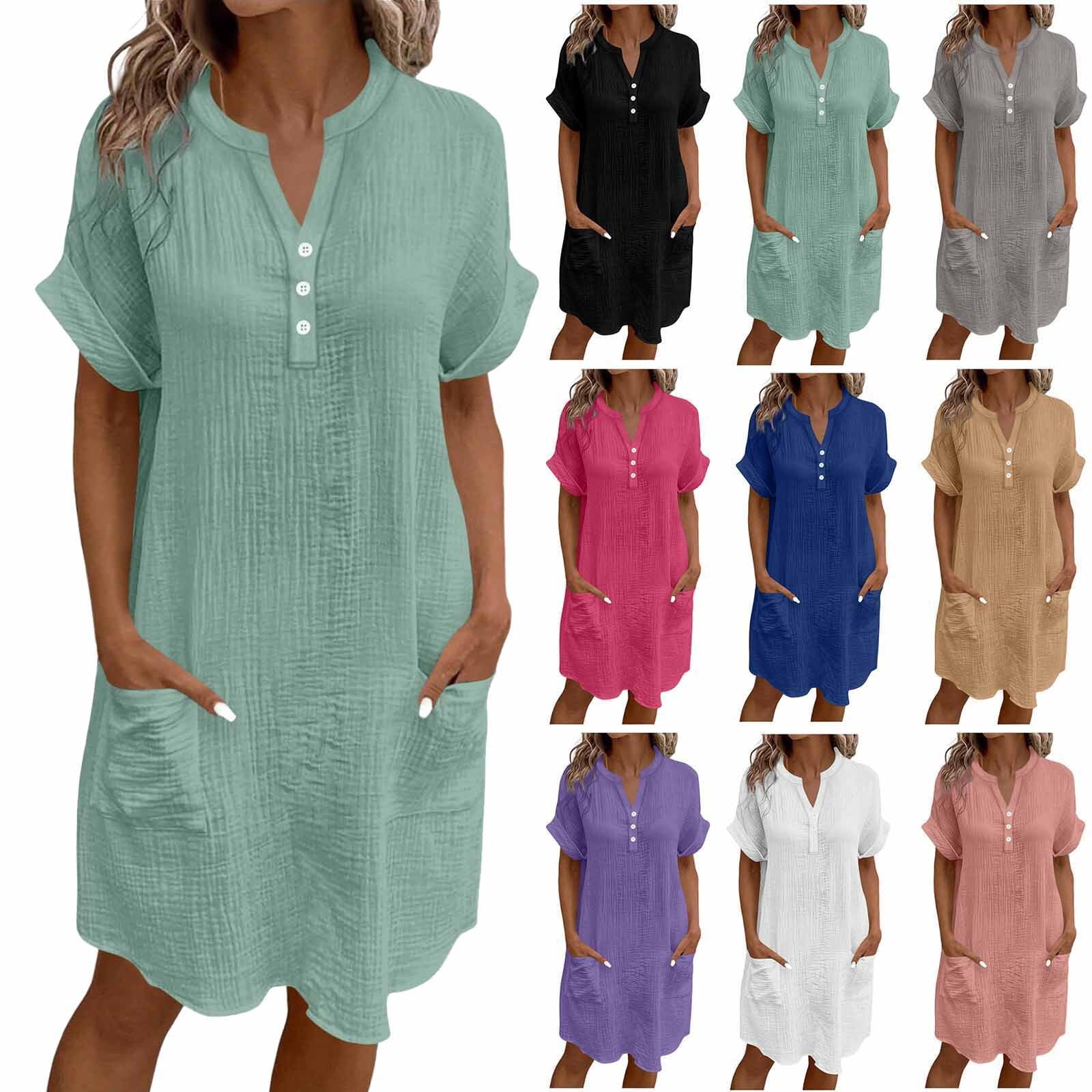 Women's Summer Dress Casual Midi Short Sleeve Button Down Shirt Dresses ...