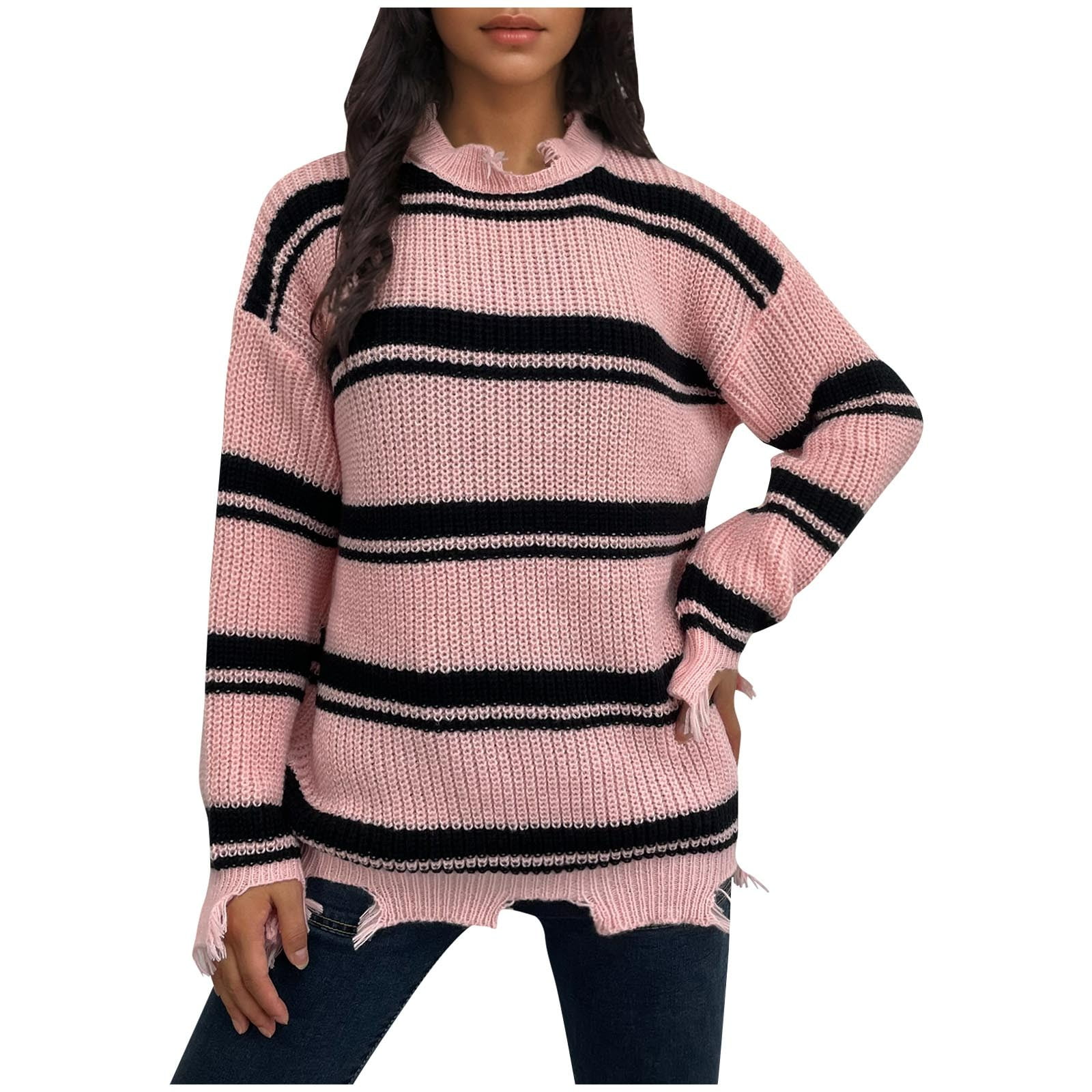 Savings Women's Casual Loose Knit Sweater with Tassel Distressed Edges ...