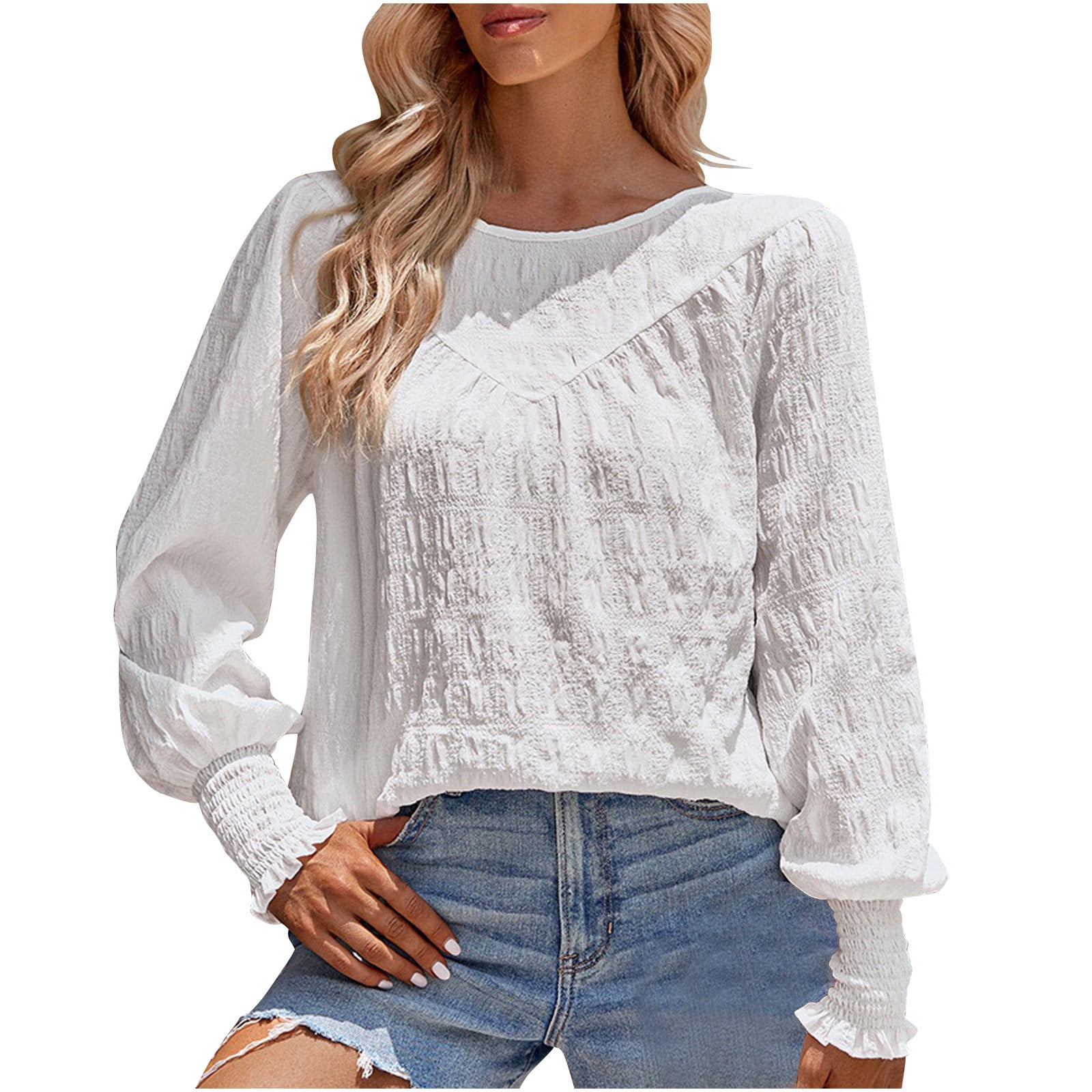 Savings Women's Long Sleeve Round Neck Tunic Shirts Lantern Sleeve ...