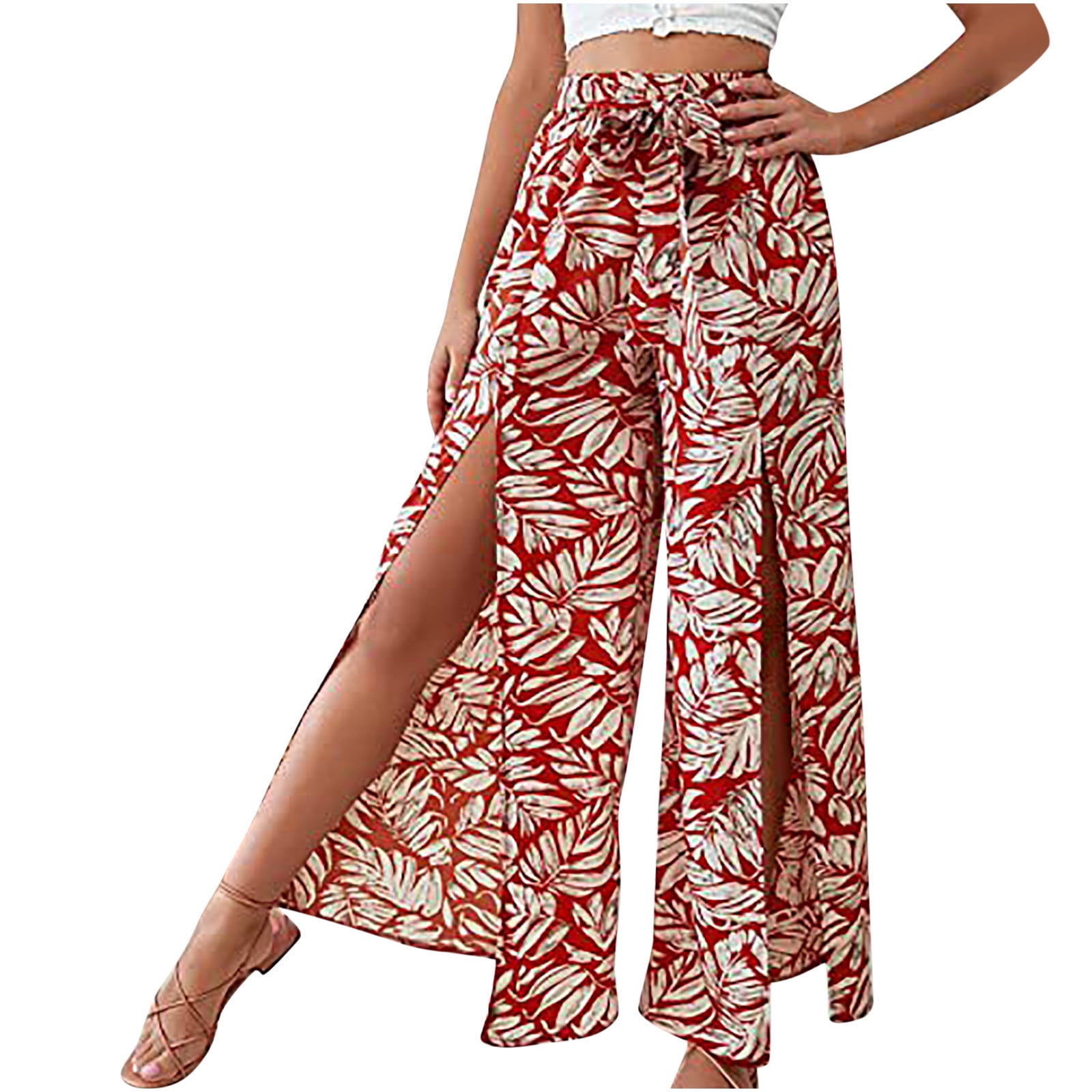 Savings Women's Split Elastic Waist Wide Leg Tie Front Wrap Print Long ...