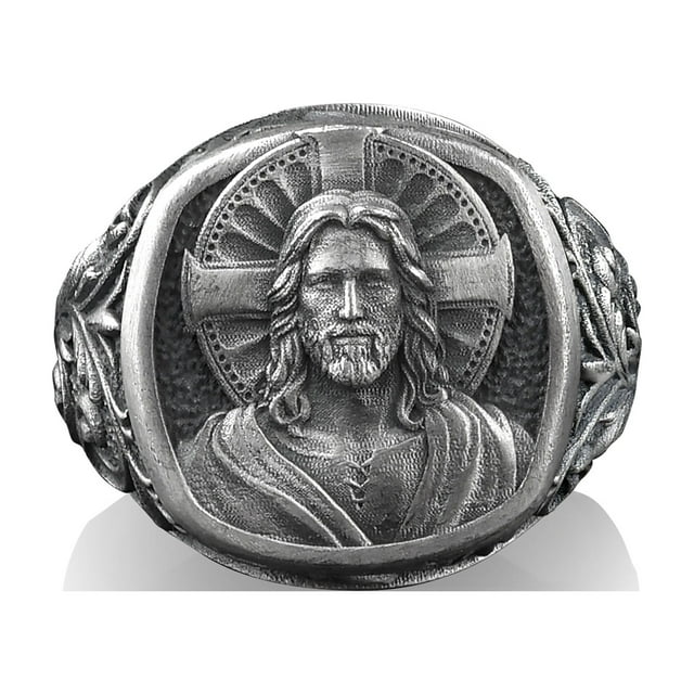Savior Jesus Christ with Cross Sterling Silver Square Signet, Christian ...