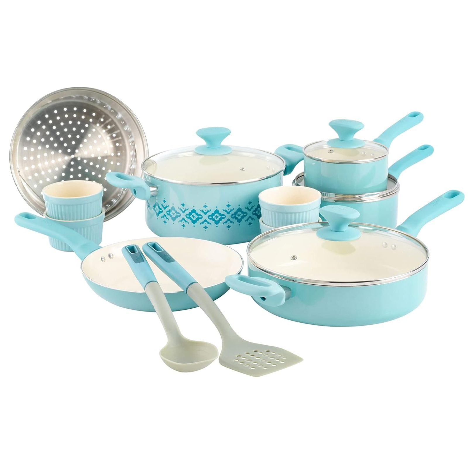 Savory Saffron 16-Piece Healthy Nonstick Ceramic Cookware Set - Aqua ...