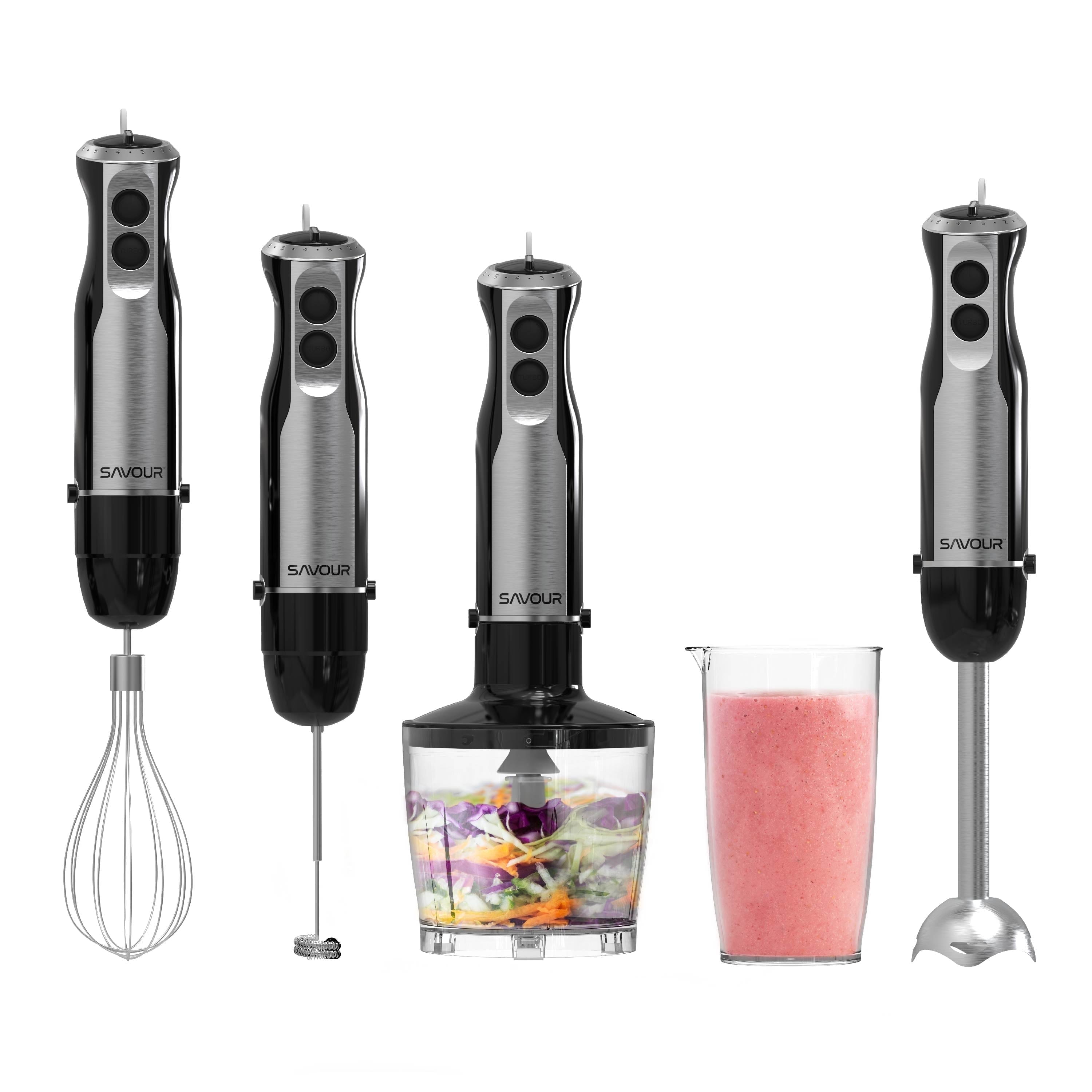 Savour 6-Piece Handheld Immersion Blender Set, Black, Whisk, Frother ...
