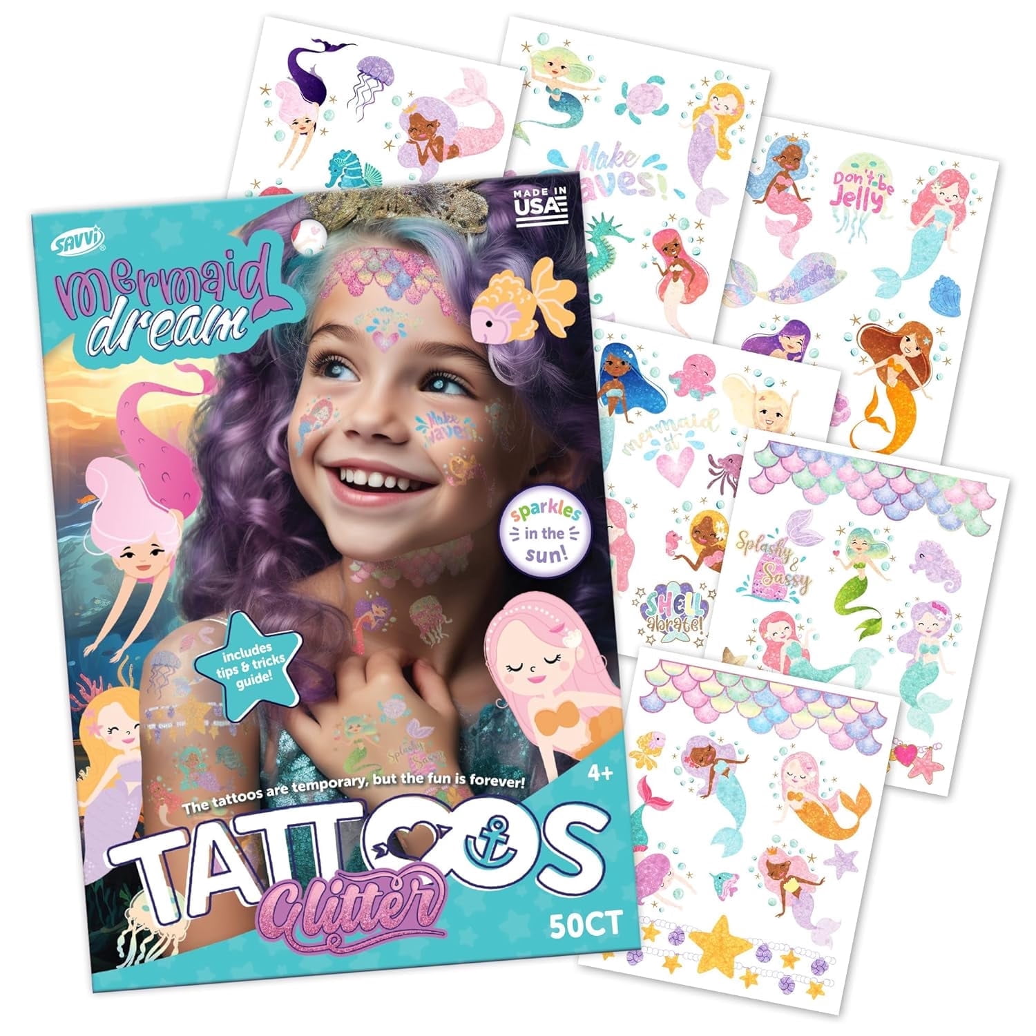 Savvi Temporary Tattoos - Mermaid Dream, Vibrant Colors, 50 count ...