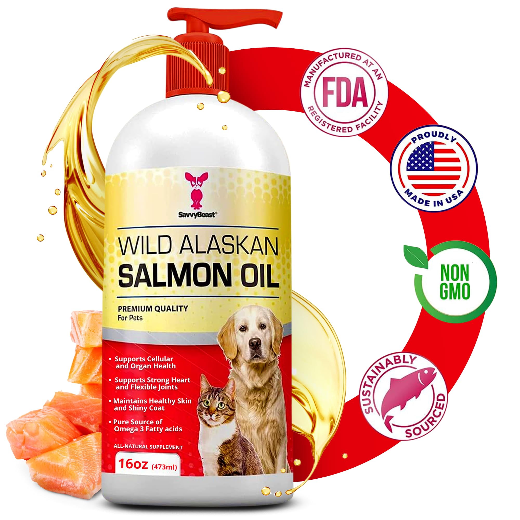 SavvyBeast Wild Alaskan Salmon Oil for Dogs, Cats & Ferrets - Omega-3 ...