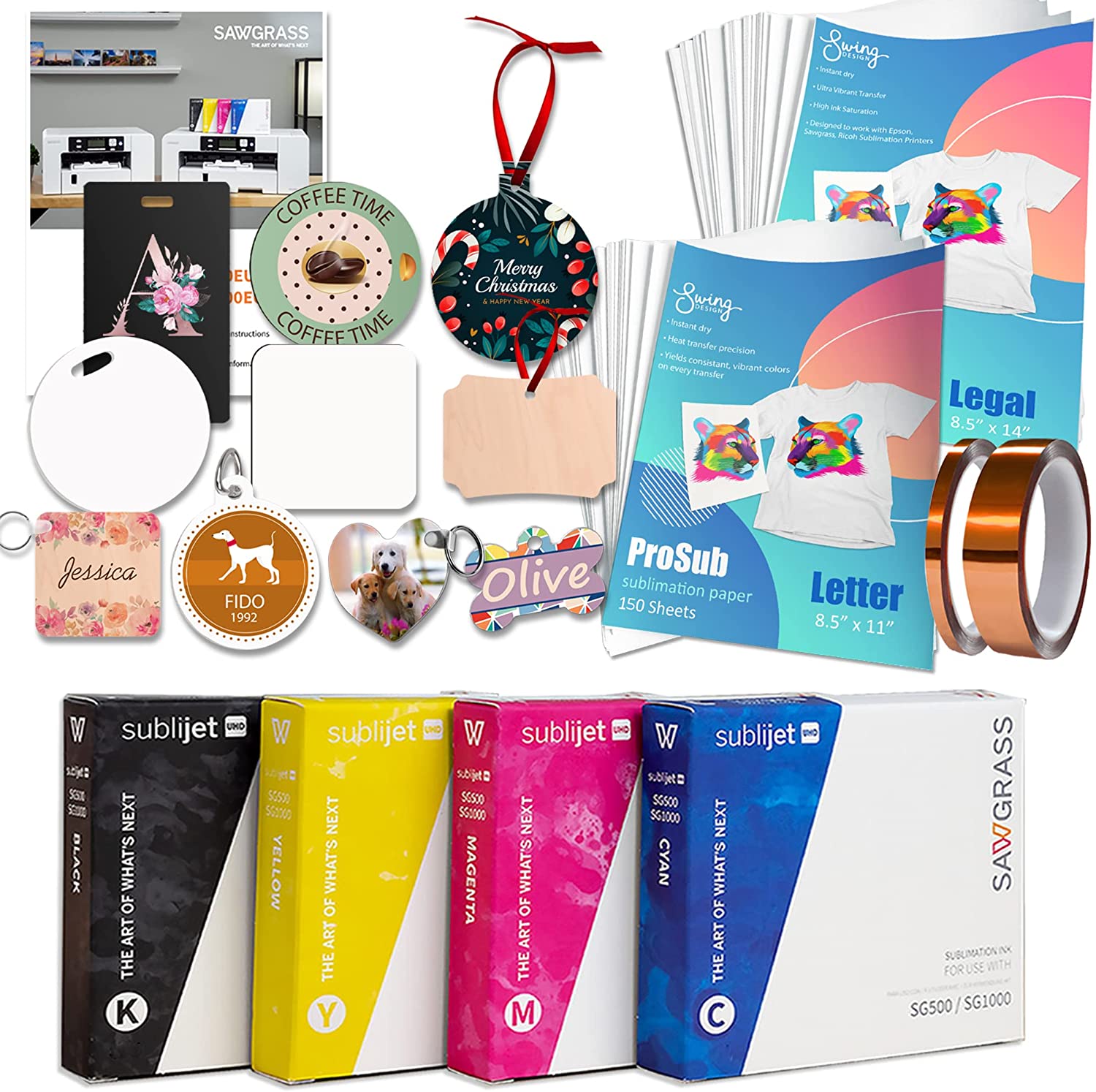 Sawgrass SubliJet UHD Inks SG500 & SG1000 4 Pack CMYK with 300 Sheets ProSub Sublimation Paper ...