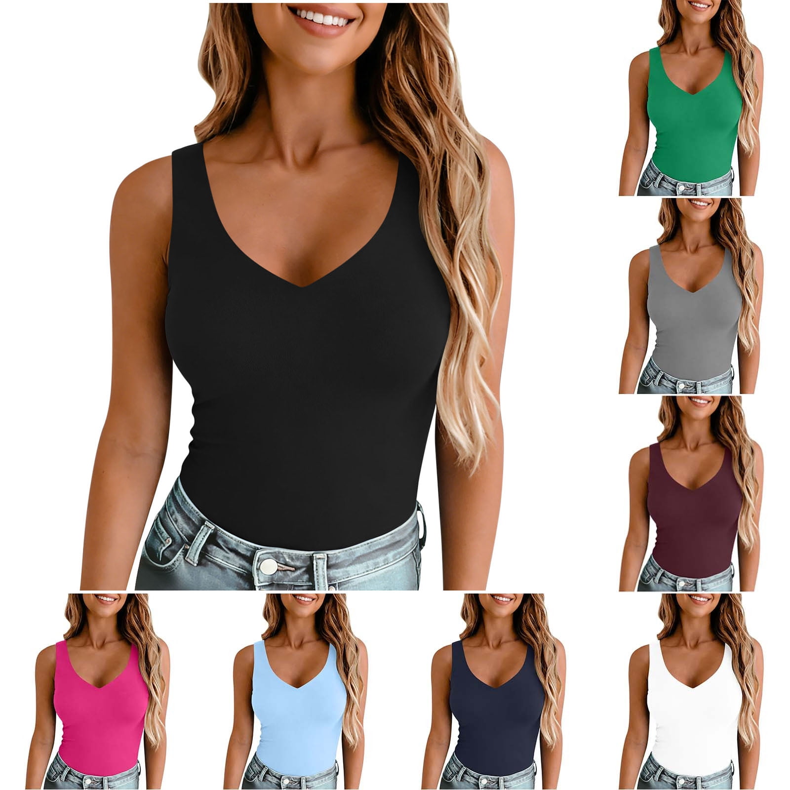 Sawvnm Women's Double Lined V Neck Tank Tops Summer Slim Fit Basic ...