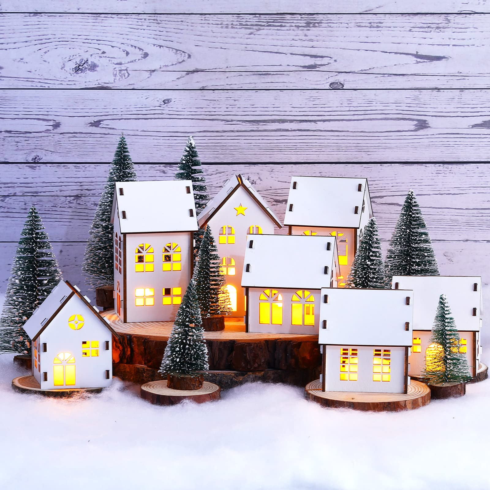 Sawysine Winter Village Kit DIY White Wood Village Houses Mini Tree ...