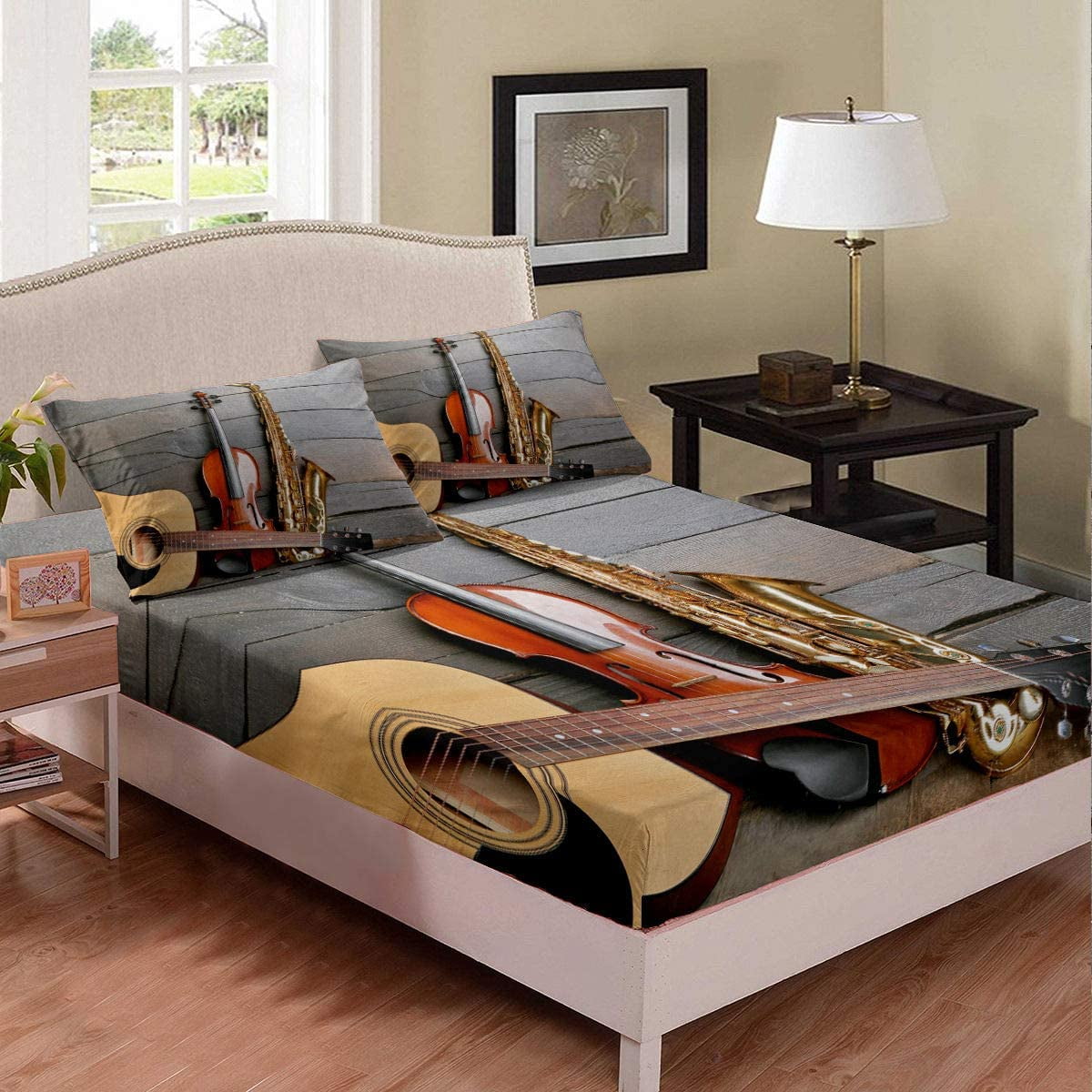 Saxoph Bedding Sets Jazz Music Fitted Bed Sheet Musical Notes Fitted ...