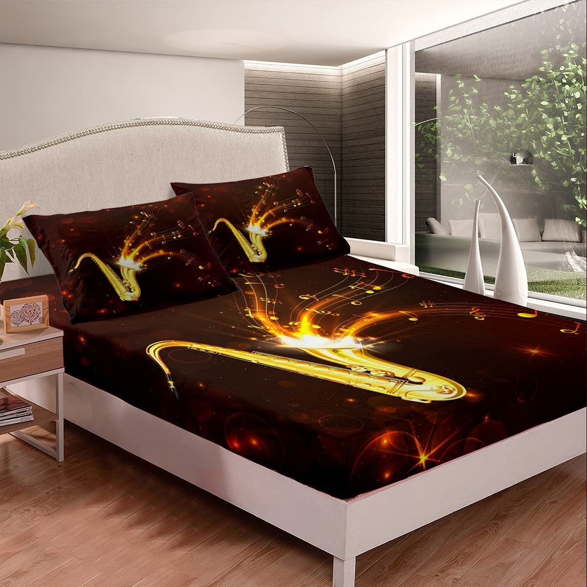 Saxoph Bedding Sets Jazz Music Fitted Bed Sheet Musical Notes Fitted ...