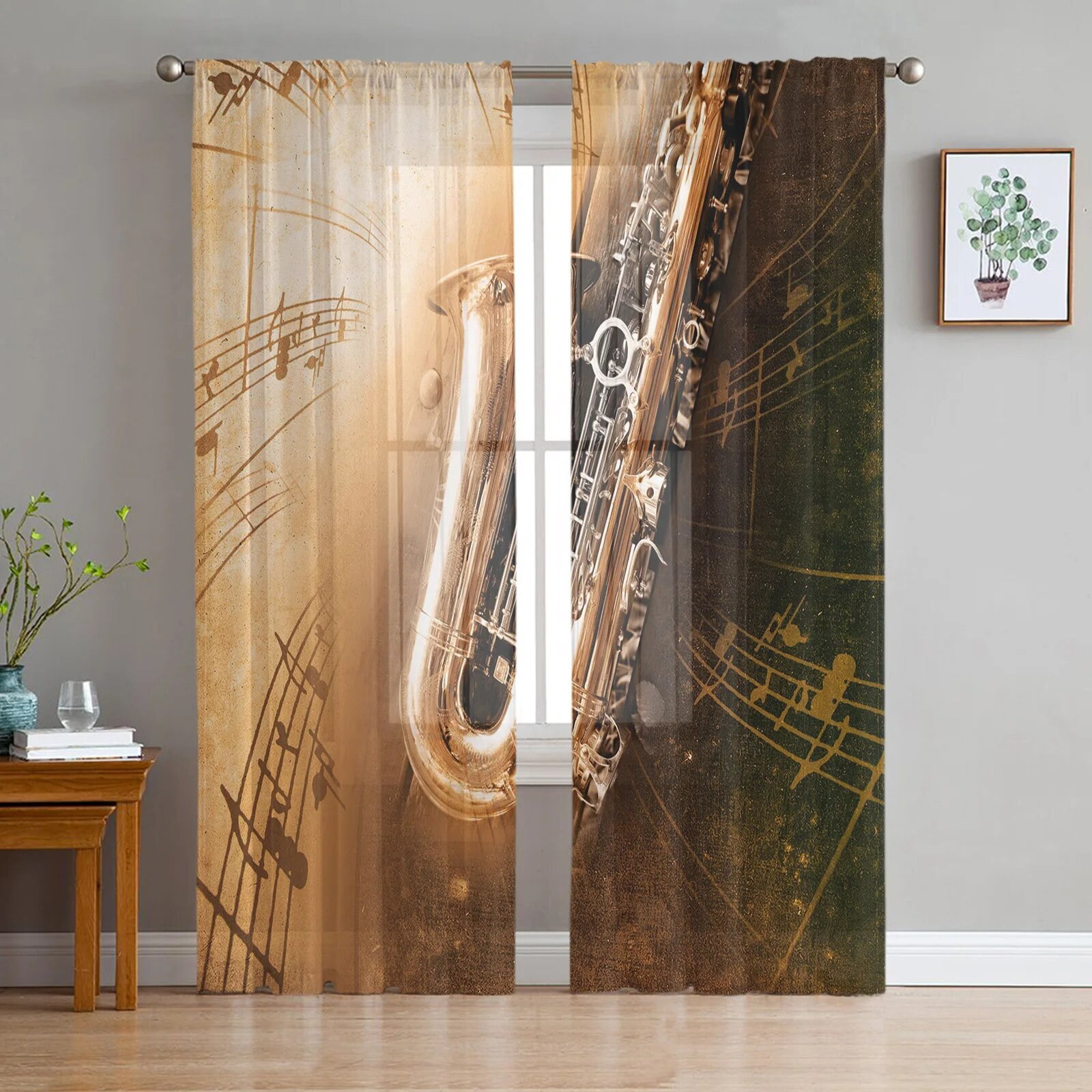 Saxoph Note Retro Sheer Window Curtains for Bedroom Hall Drapes Home r ...