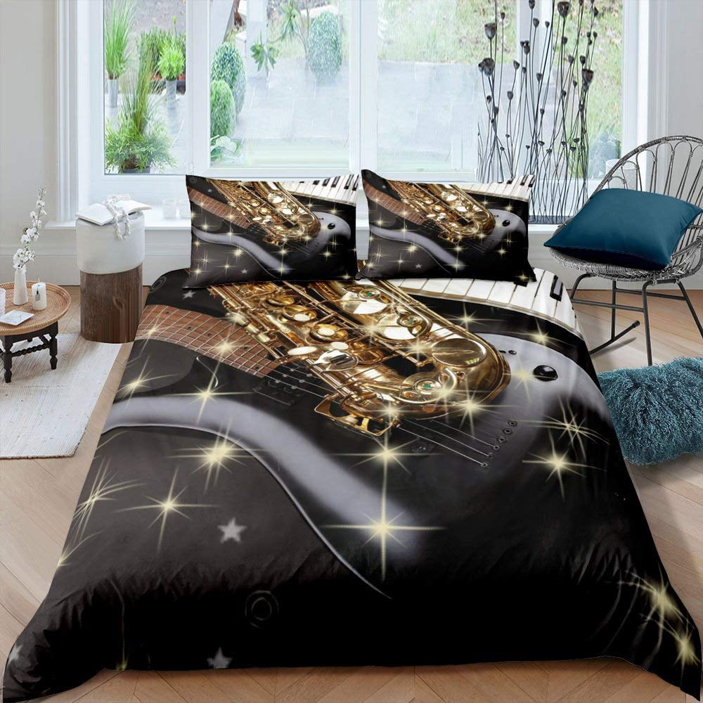SaxophDuvet Cover Set Rotating Musical Notes Bedding Set Musical ...
