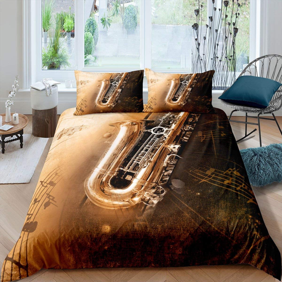 SaxophDuvet Cover Set Rotating Musical Notes Bedding Set Musical ...