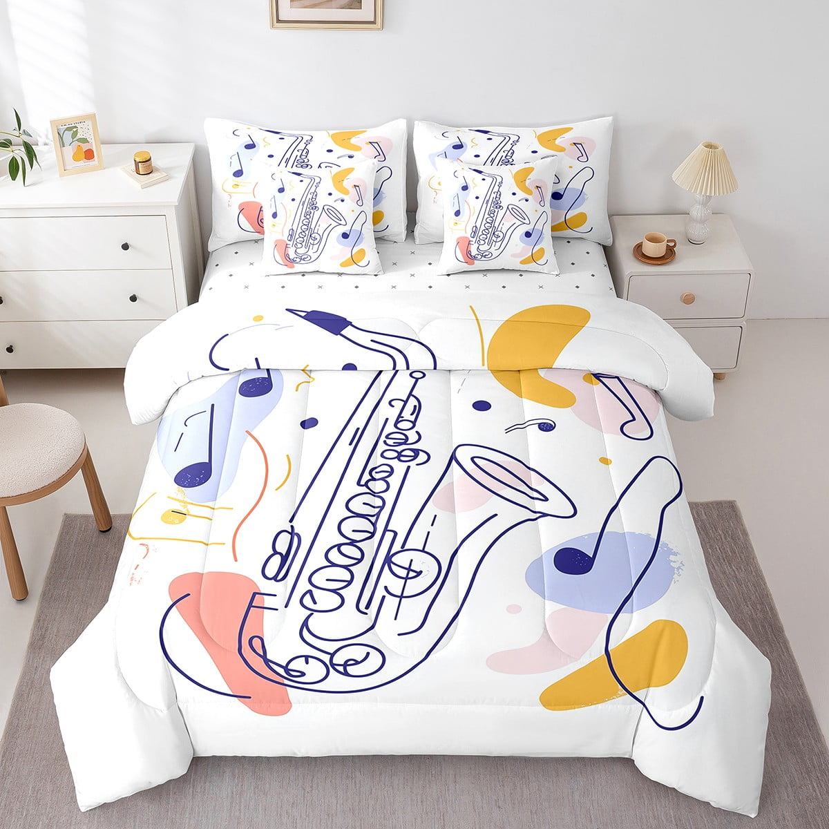 Saxophone 7 Pieces Bedding Set Watercolor Minimalist Music Notes Bed In ...