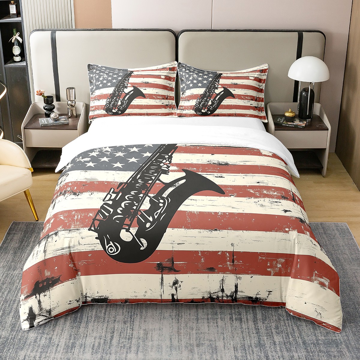 Saxophone Full Size Duvet Cover,Vintage American Flag Comforter Cover ...