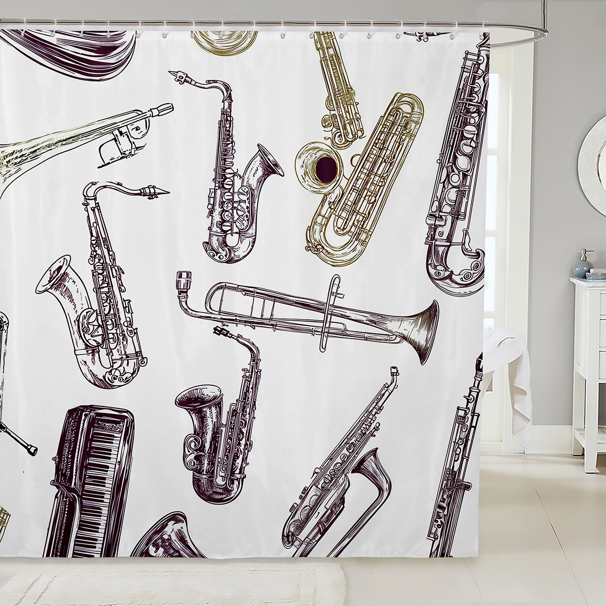 Saxophone Instrument 72" W X 78" L Shower Curtain Retro Jazz Music Bathroom Shower Curtain Sets ...