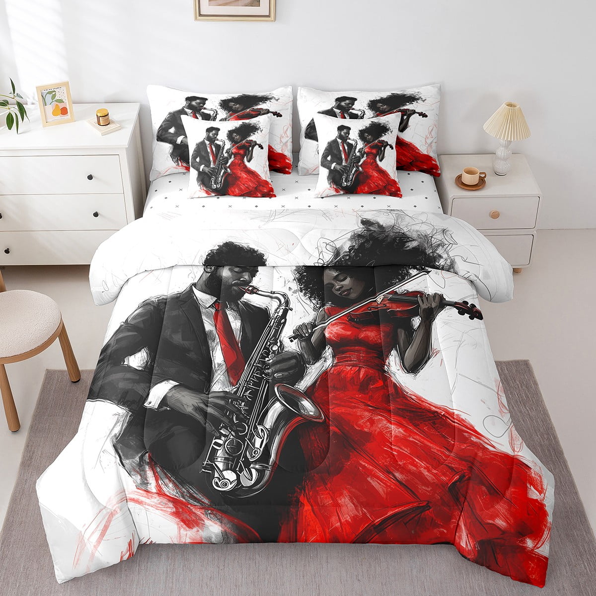 Saxophone Music Bed In A Bag Queen Red And Black Sketch Comforter 7 ...