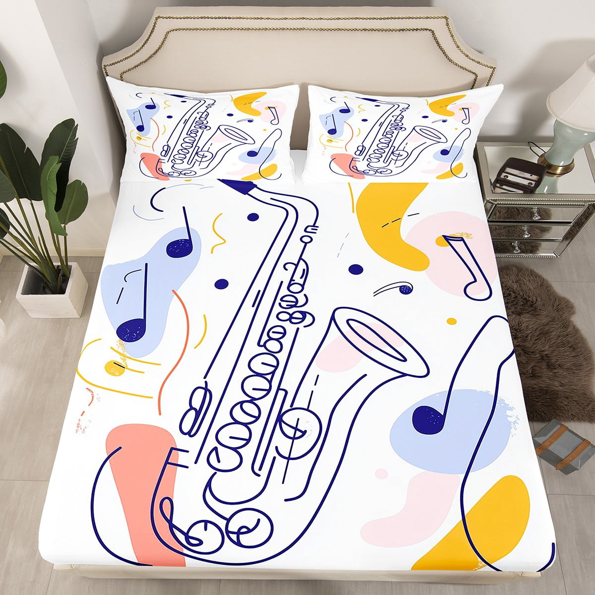 Saxophone Sheets Watercolor Minimalist Music Notes Bed Sheets Musical ...