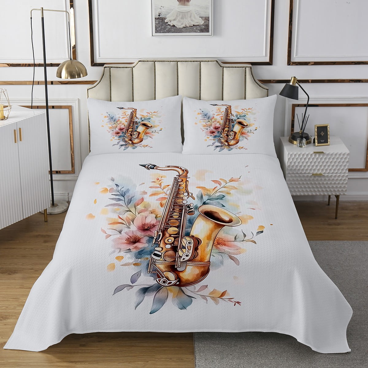 Saxophone Twin Bedspread Set,Retro Jazz Music Bedspread Sets,Watercolor ...