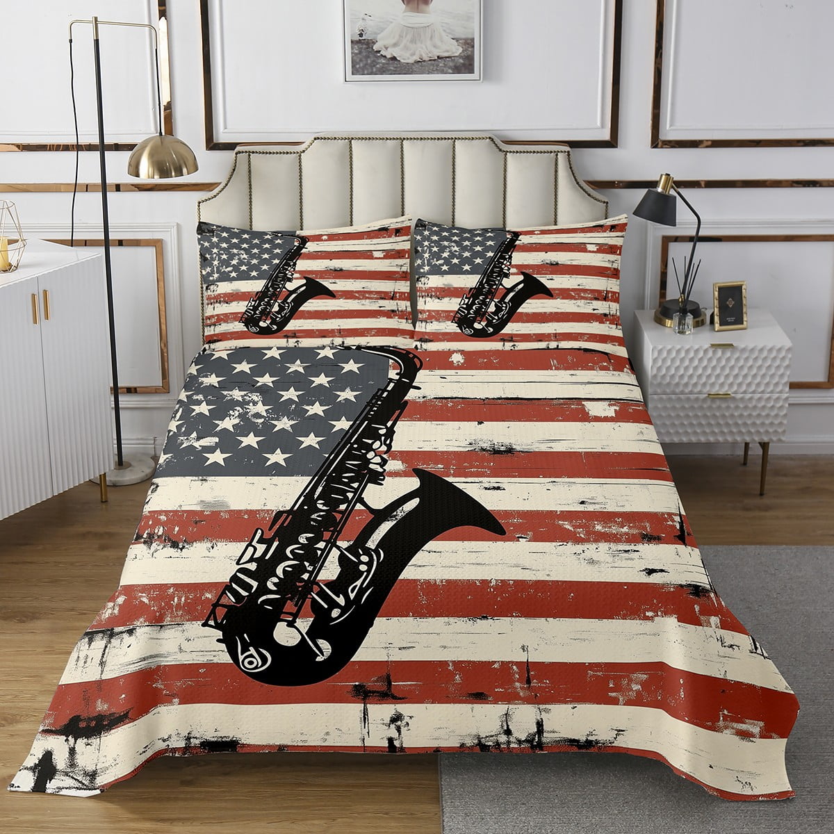 Saxophone Twin Quilt Set,Vintage American Flag Bedspread Set,Retro ...