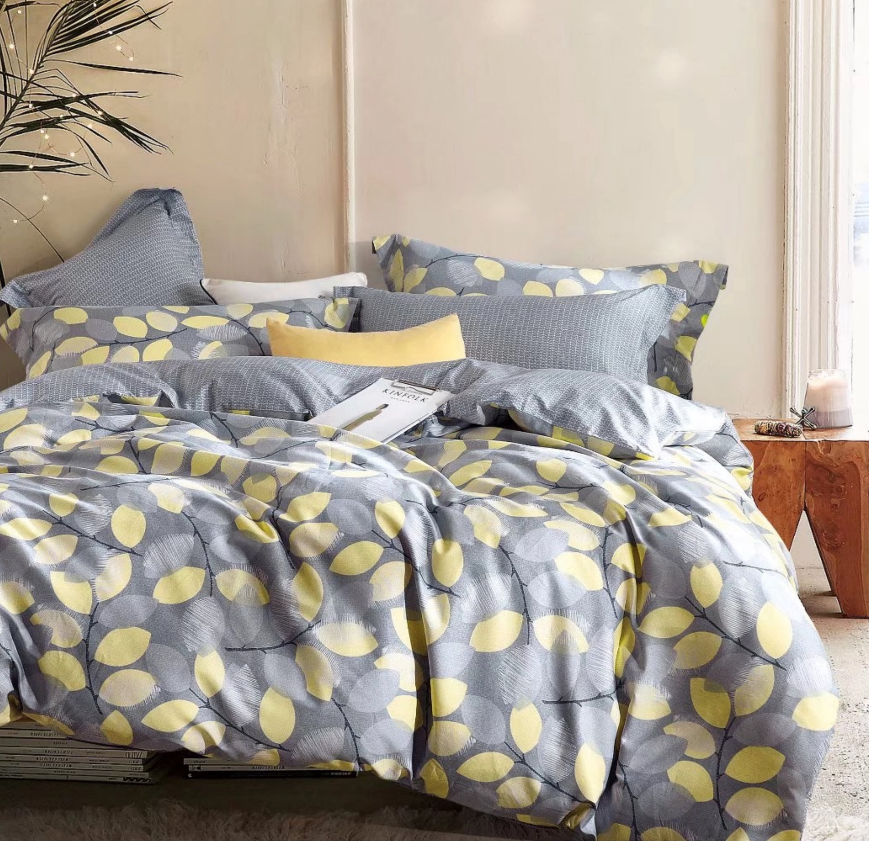 Say Yes Bedding Woodgrove Grey Yellow Leaf 100% Cotton Reversible Duvet ...