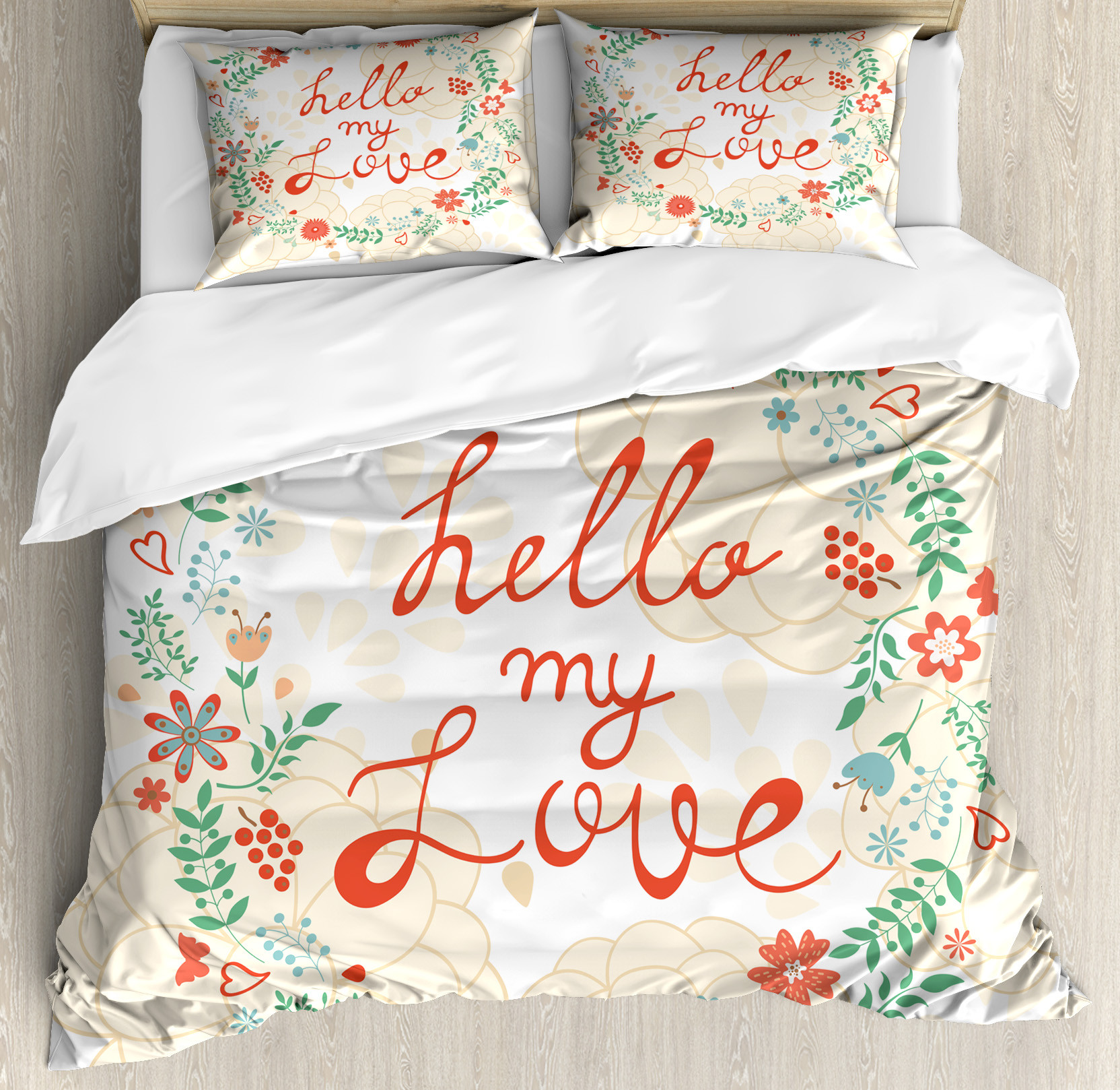 Saying Duvet Cover Set, Hello My Love Valligraphy in Pastel Tones ...