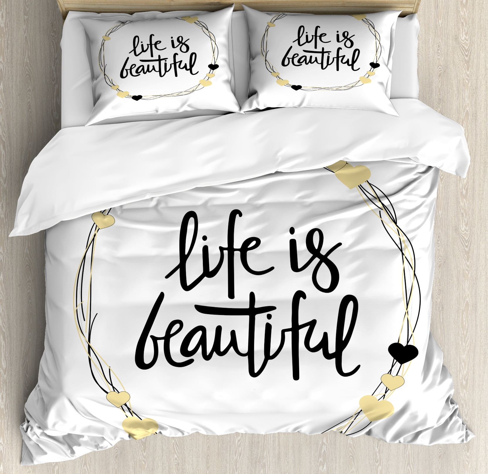 Saying Duvet Cover Set, Positive Words in Lines and Hearts Circle ...