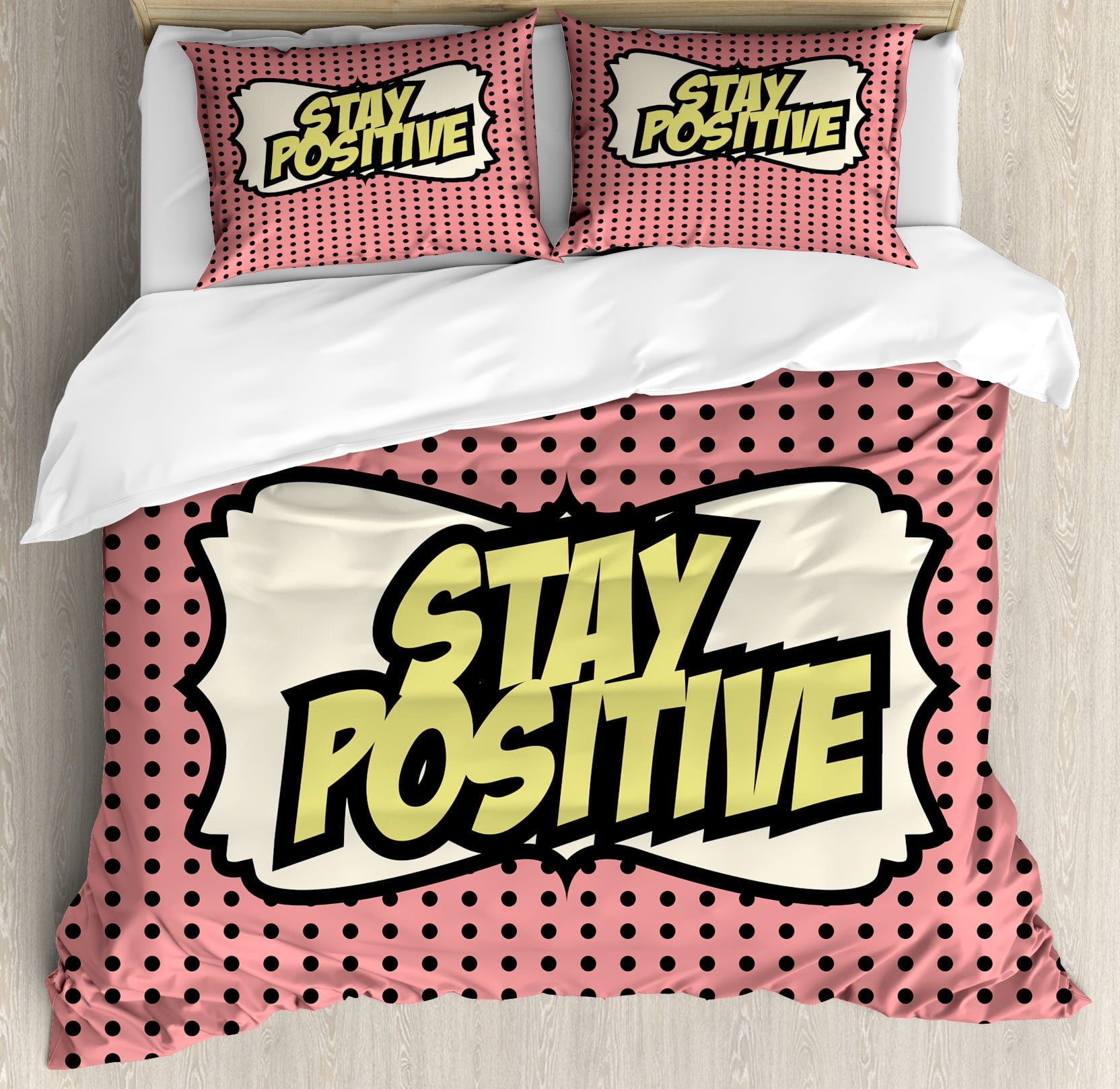 Saying Duvet Cover Set, Stay Positive Retro Pop Art Lettering Half ...
