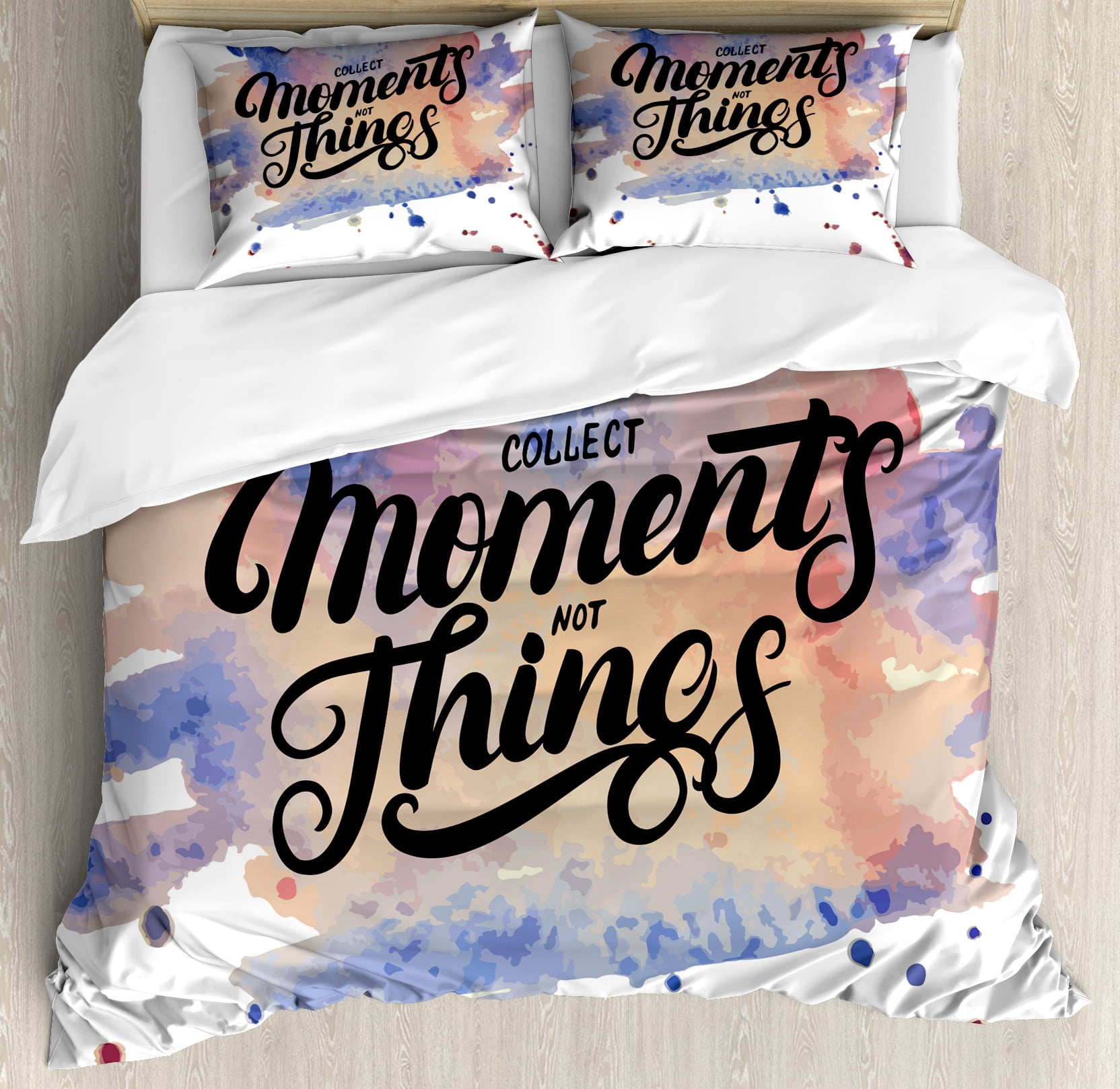 Saying Duvet Cover Set, Typographic Watercolor Effect Stains Splashes ...