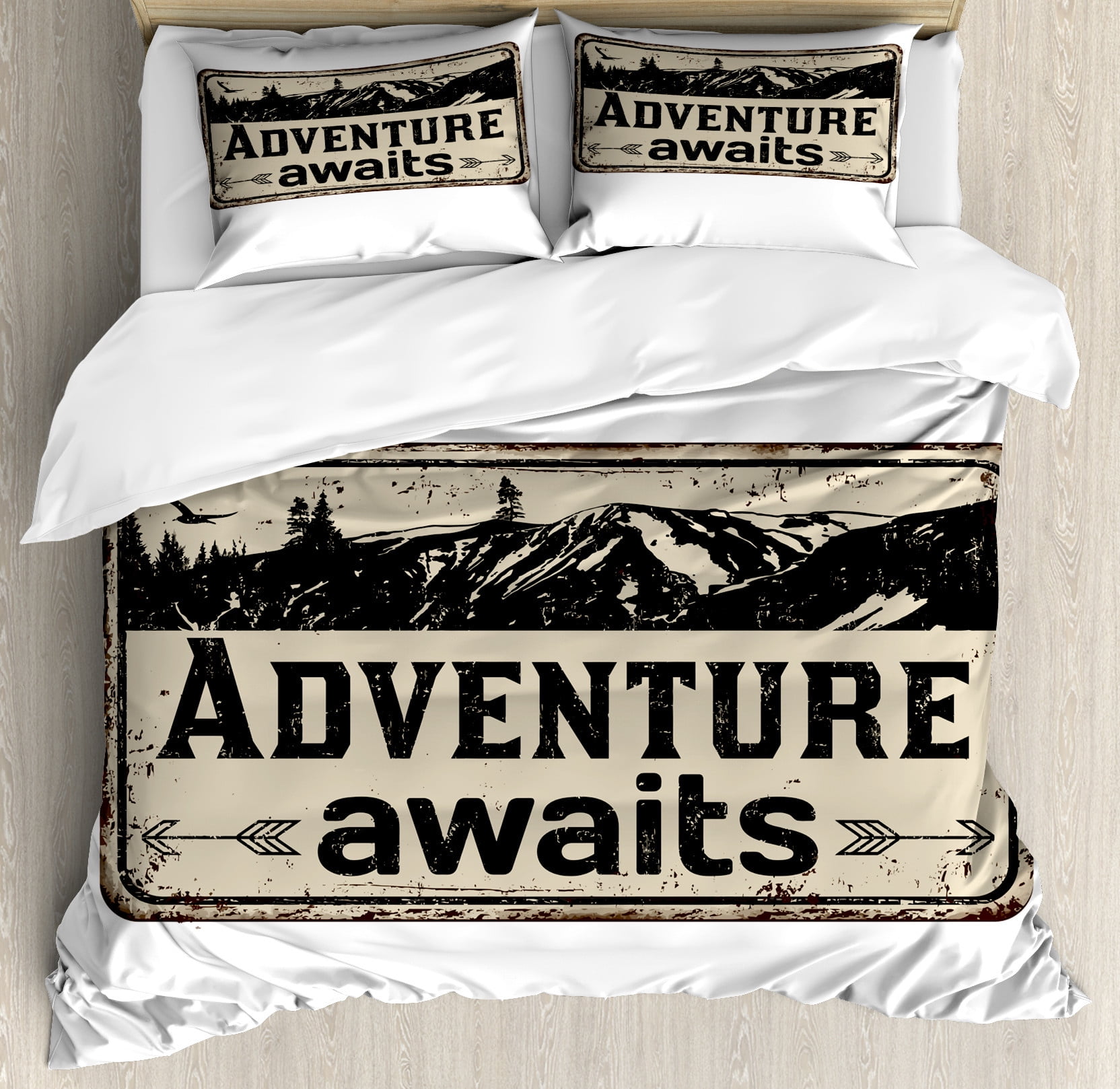 Saying Duvet Cover Set, Vintage Rusty Sign Style Mountains and ...
