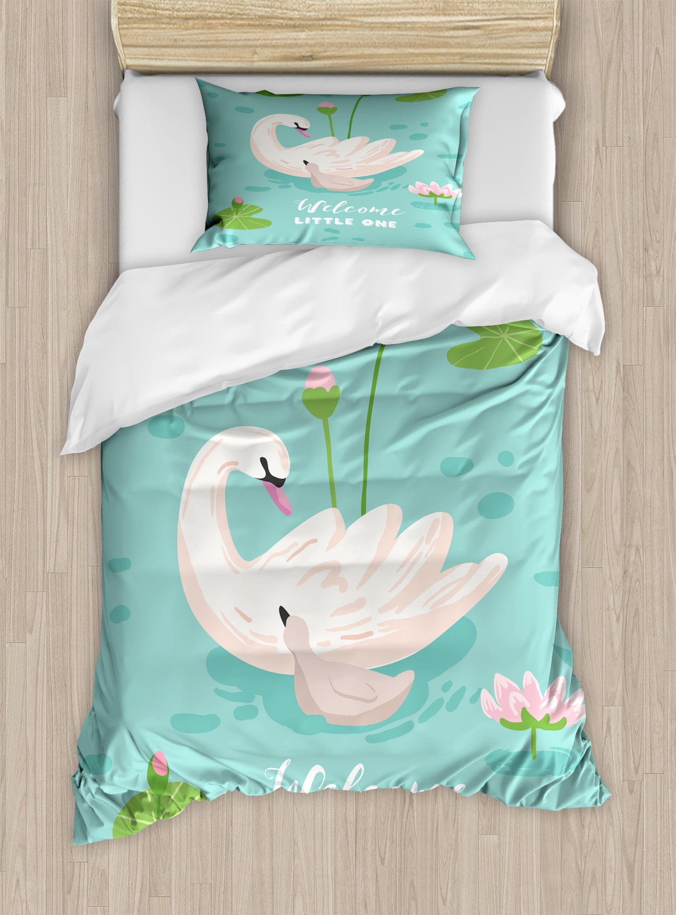 Saying Duvet Cover Set, Welcome Little Typography Themed Swan ...